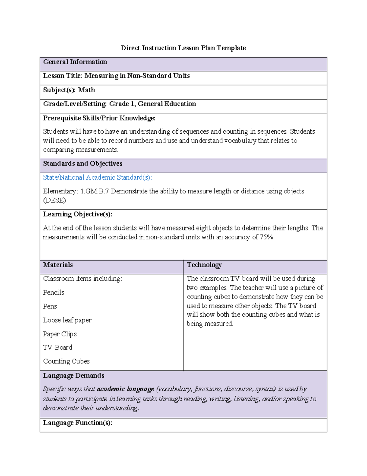 C109 LMM2 TASK 1 MATH Tools-Second Attempt - Direct Instruction Lesson Plan Template General ...