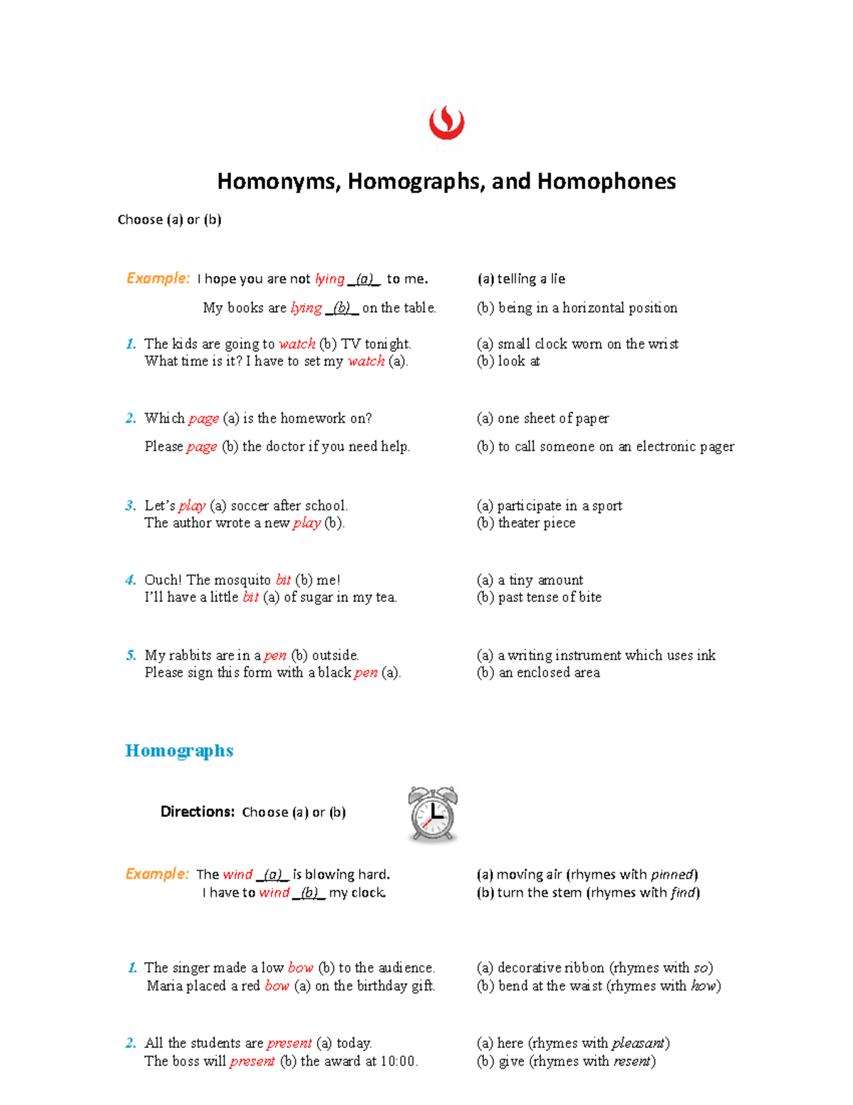 3. Homonyms - Homonyms, Homographs, and Homophones Choose (a) or (b ...