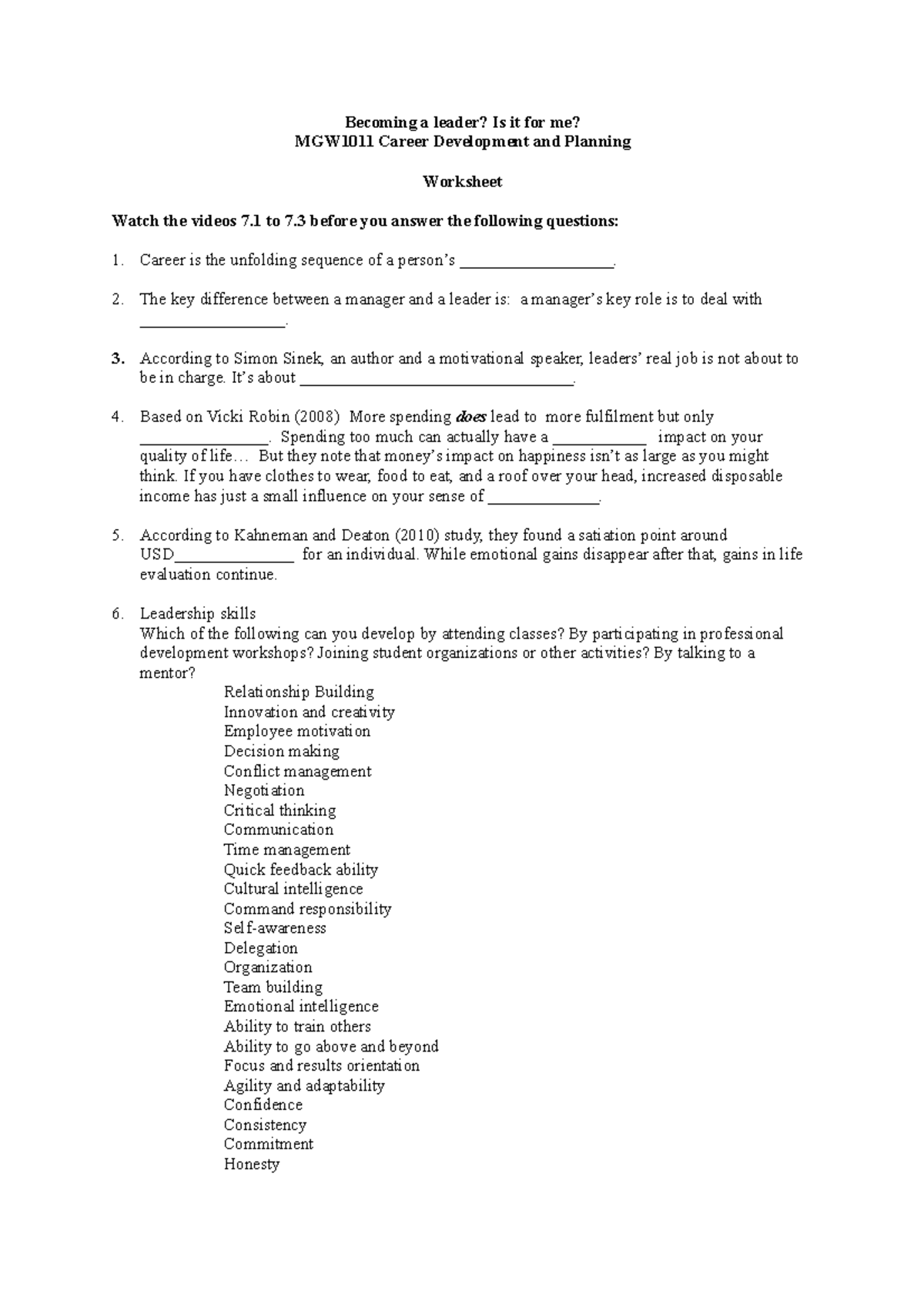 Worksheet W7 Becoming a leader - Becoming a leader? Is it for me ...