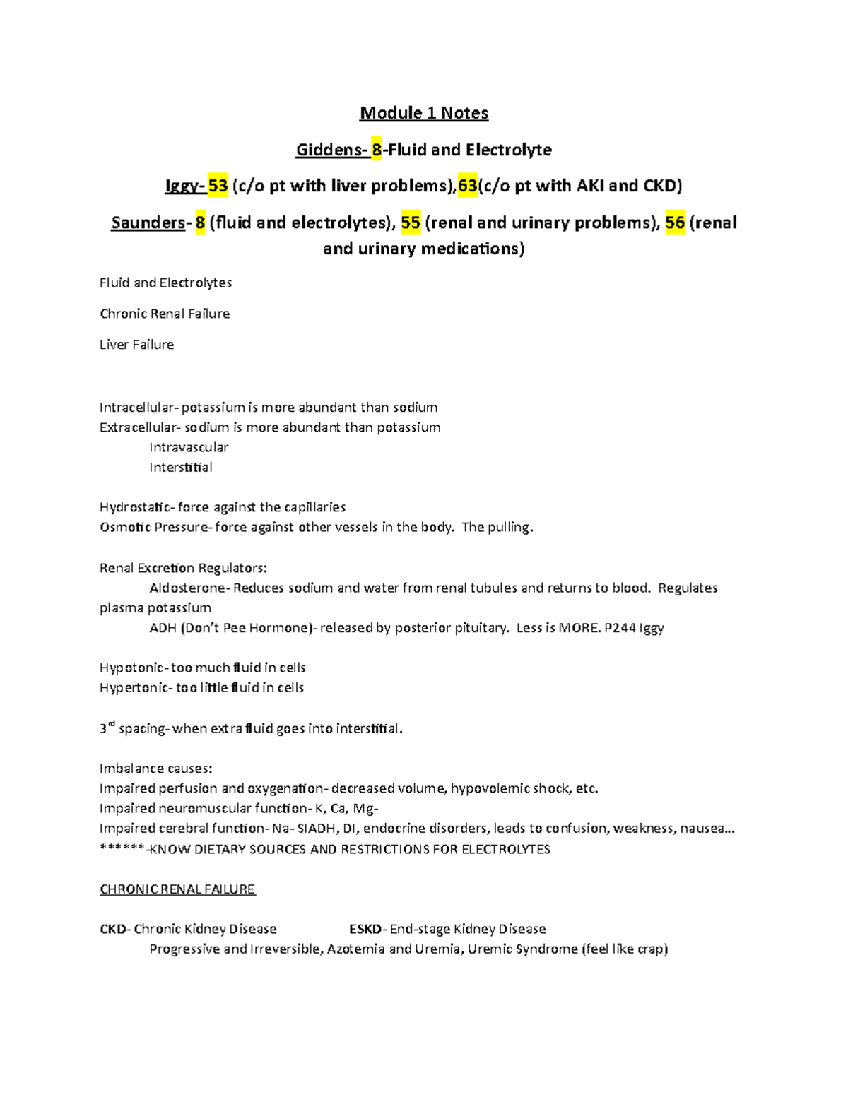 Module 1 Class Notes - Module 1 Notes Giddens- 8-Fluid and Electrolyte ...