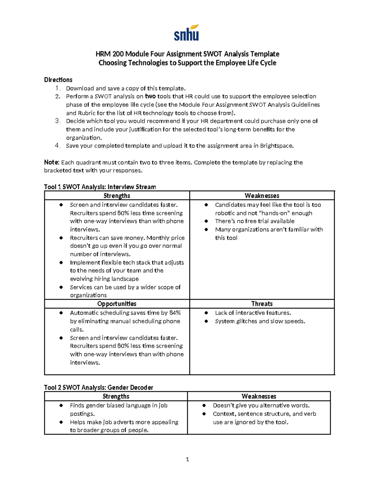 Ayleen HRM 200 Module Four Assignment SWOT Analysis Template - HRM 200 Module Four Assignment ...