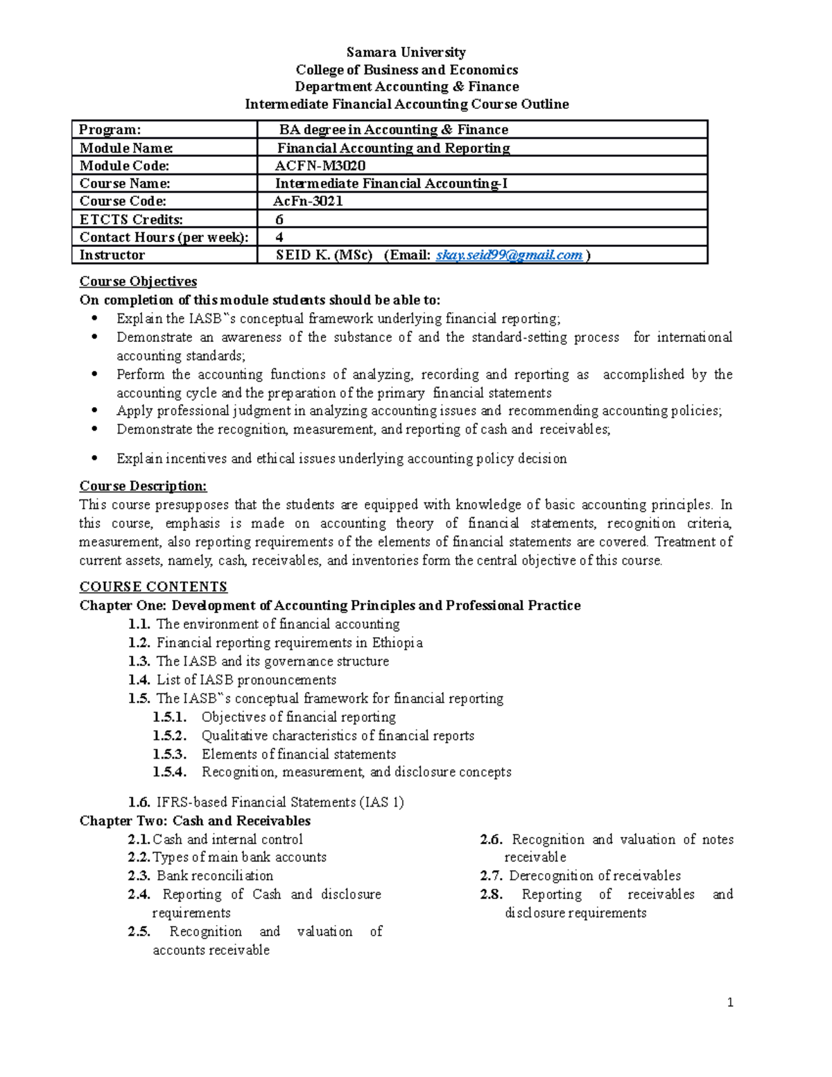 Intermediate I Course outline - Samara University College of Business ...