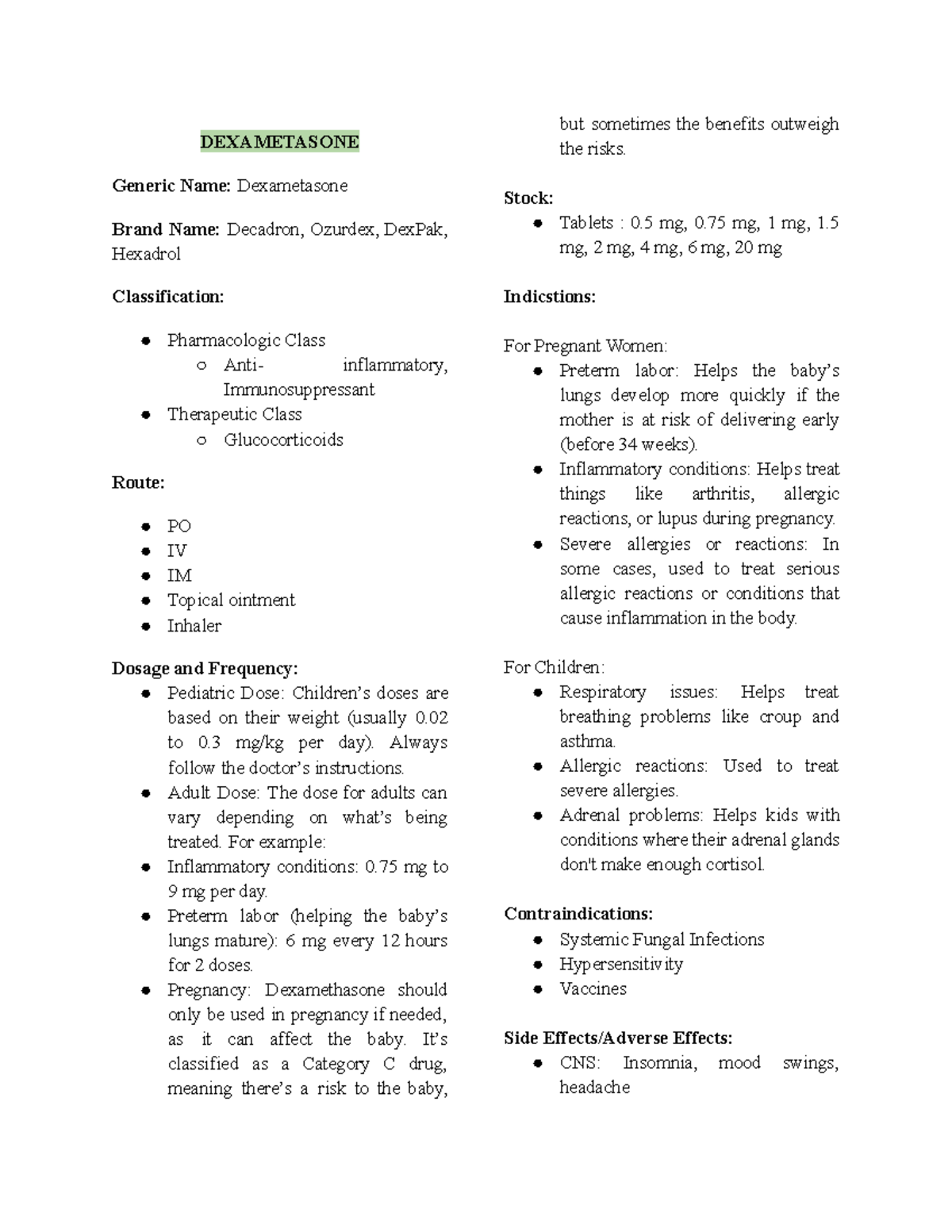 Reviewer-G3 - Meds - DEXAMETASONE Generic Name: Dexametasone Brand Name ...
