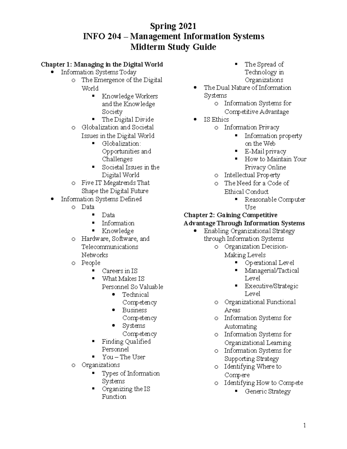 SP21 MIS Midterm Study Guide - Spring 2021 INFO 204 – Management Information Systems Midterm ...