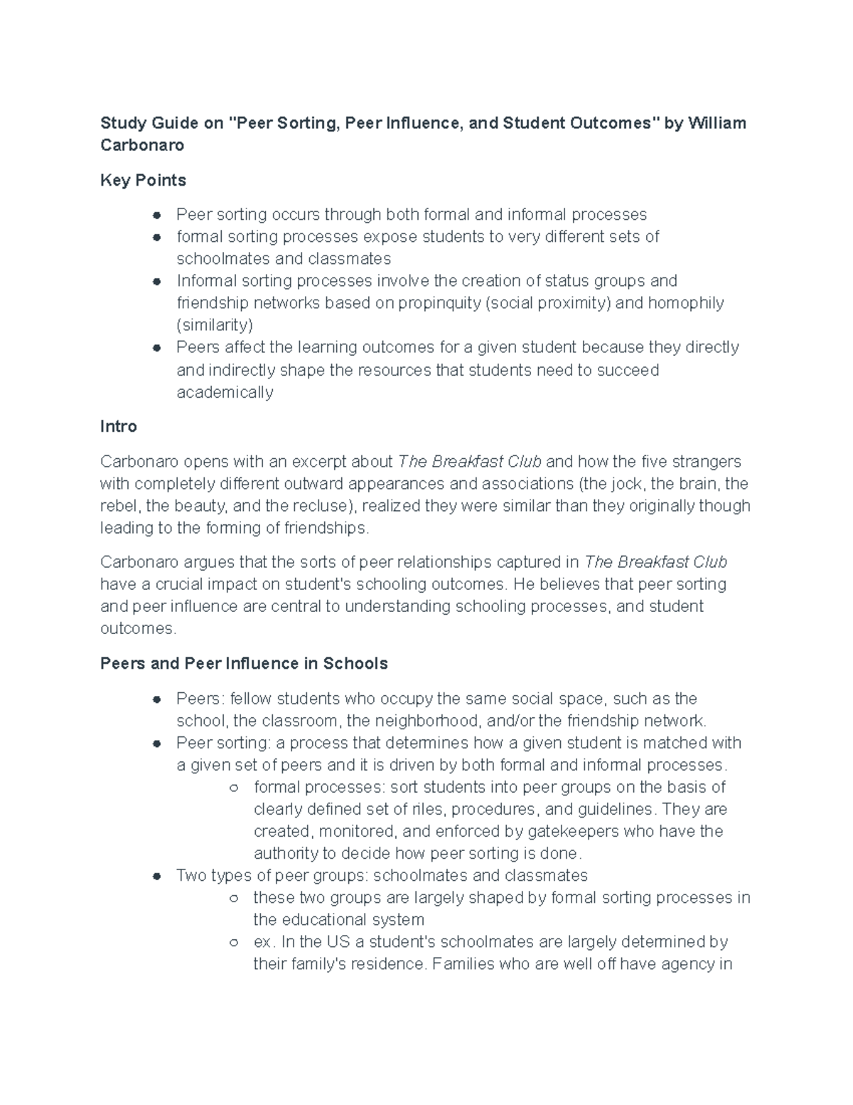 Peers and Education - Study Guide on "Peer Sorting, Peer Influence, and ...