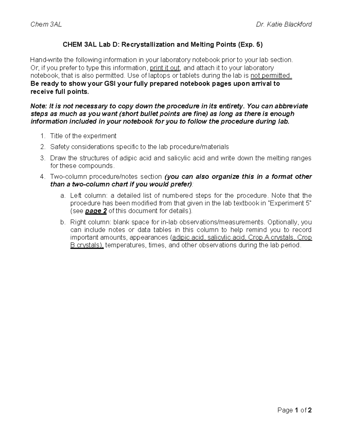 Lab D. Notebook Guide and Procedure - Chem 3AL Dr. Katie Blackford Page ...