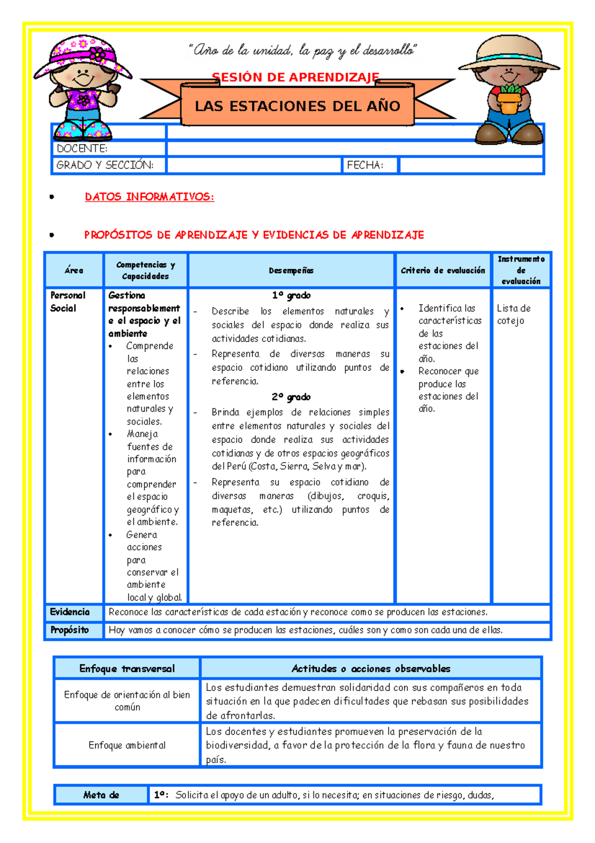III E9 Sesión D1 PS LAS Estaciones DEL AÑO - SESIÓN DE APRENDIZAJE ####### I. ####### DOCENTE ...