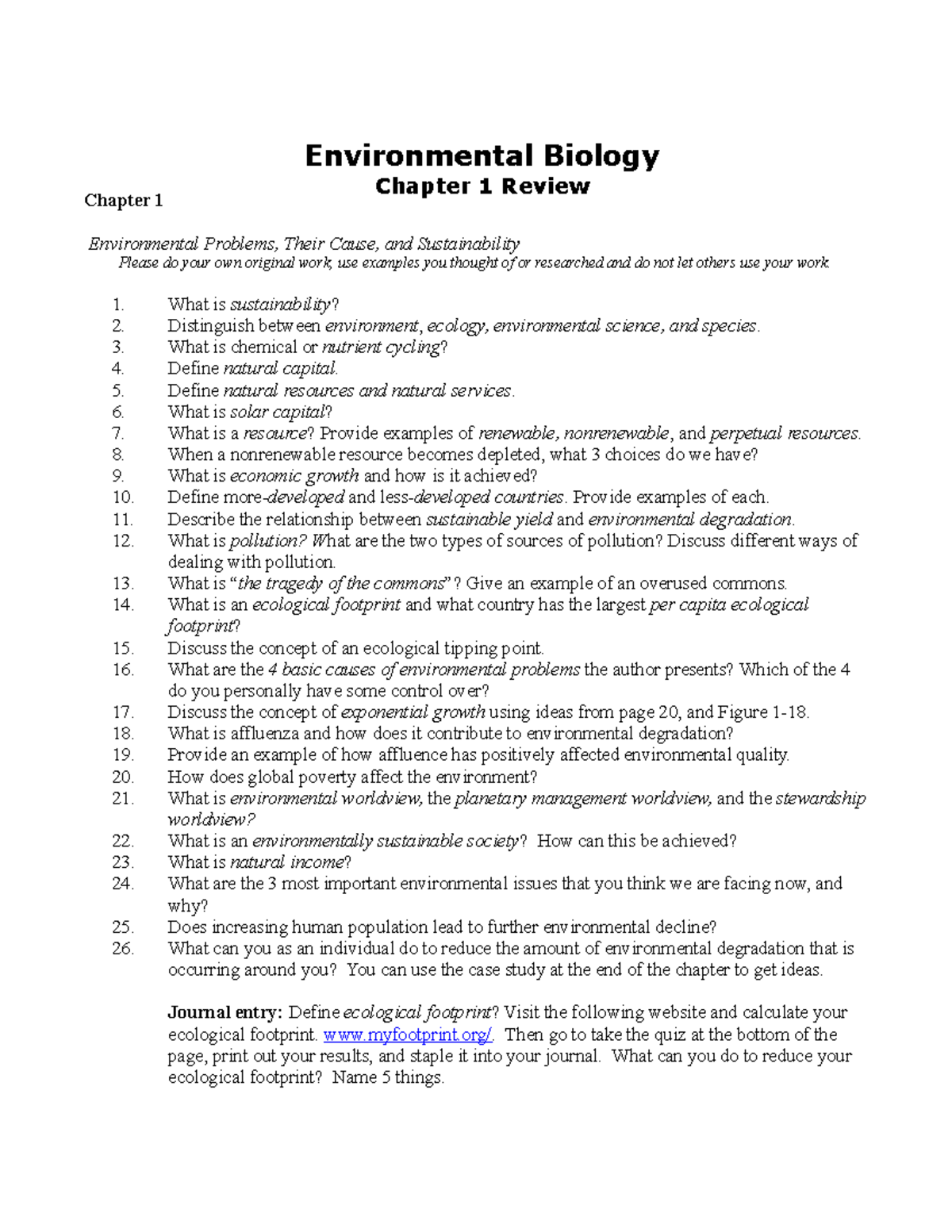 Review Chaper 1 2011 - Homework - Environmental Biology Chapter 1 ...