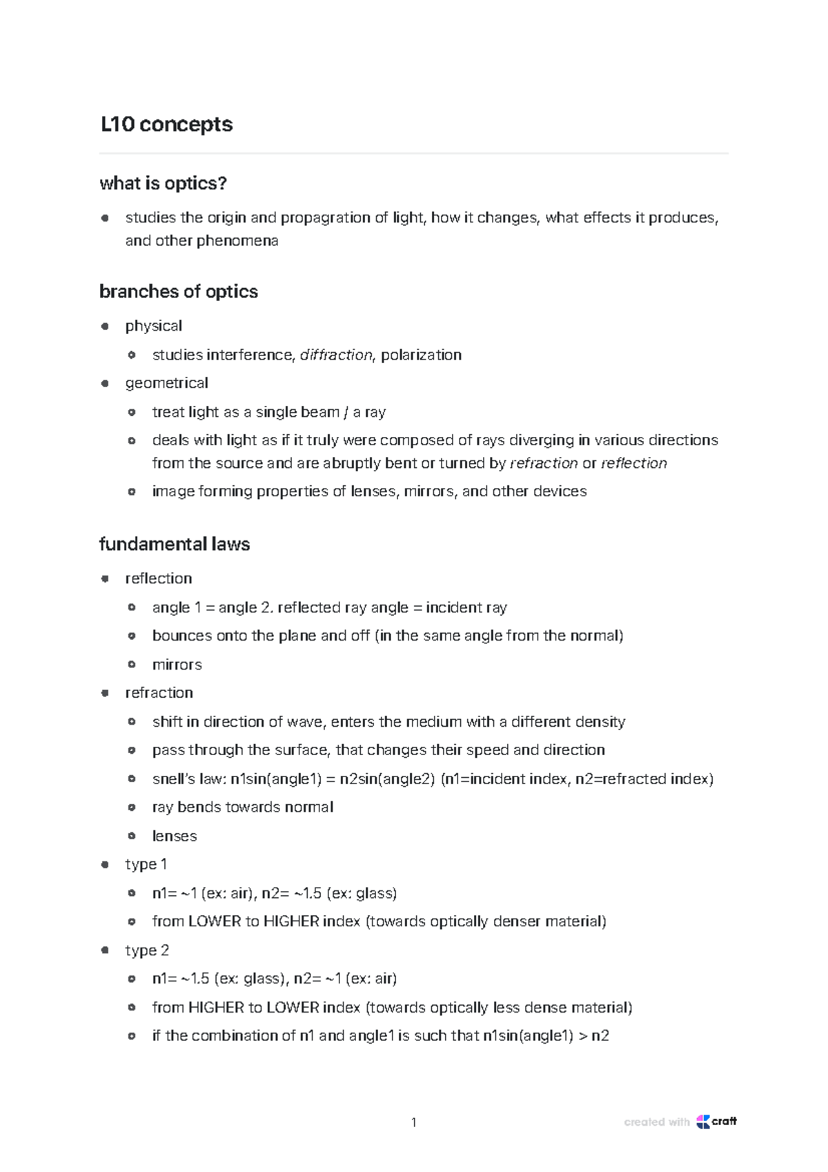 L10 concepts - branches of optics, reflection, refraction, snells law ...