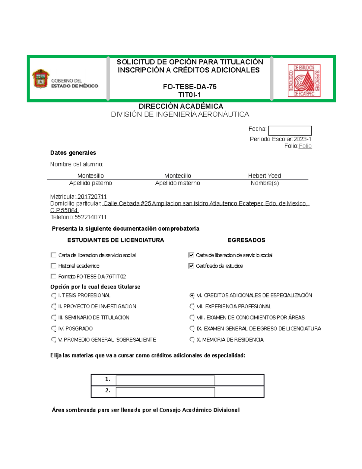 TIT01 MMHY - apuntes - SOLICITUD DE OPCIÓN PARA TITULACIÓN INSCRIPCIÓN ...