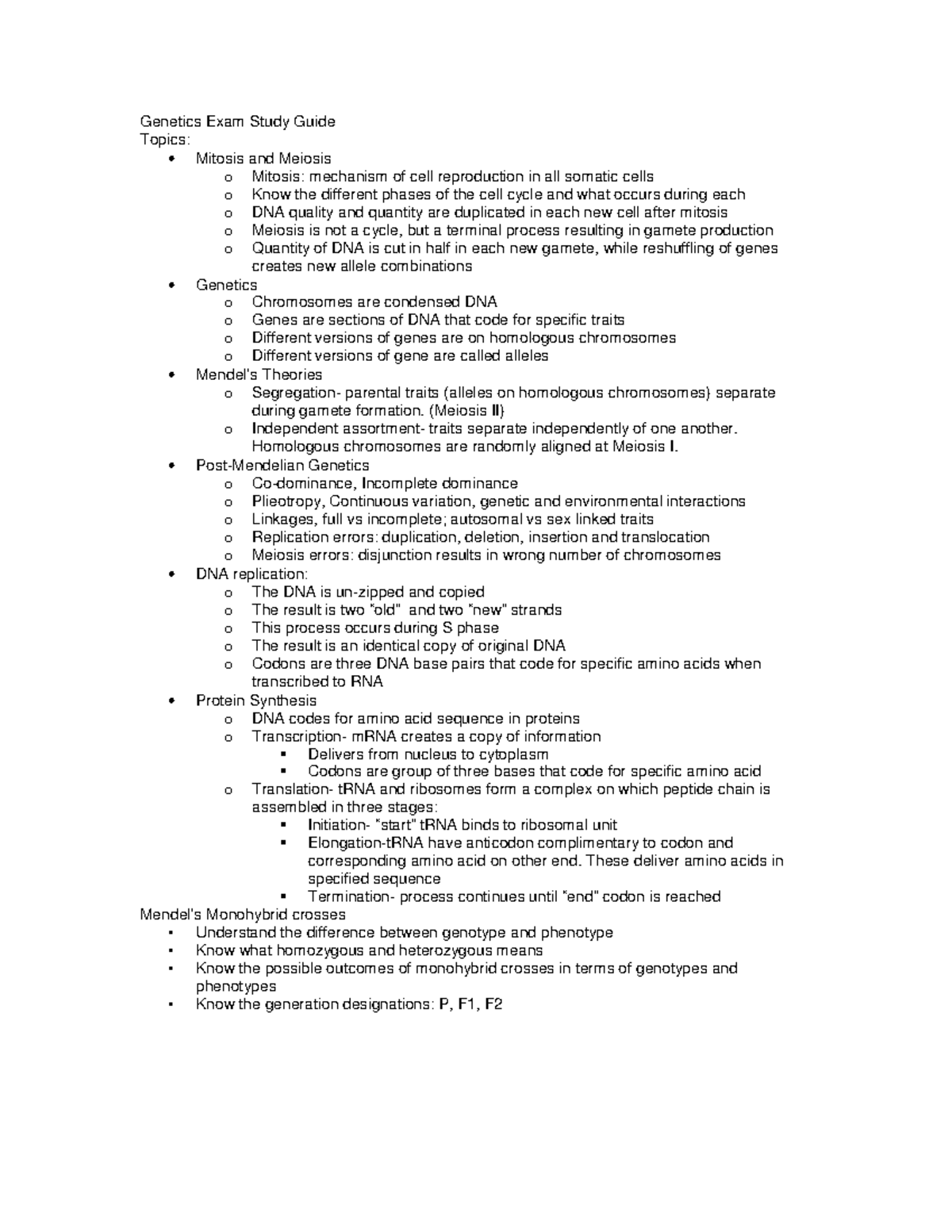Practice Exam Genetics - Genetics Exam Study Guide Topics: - Mitosis ...