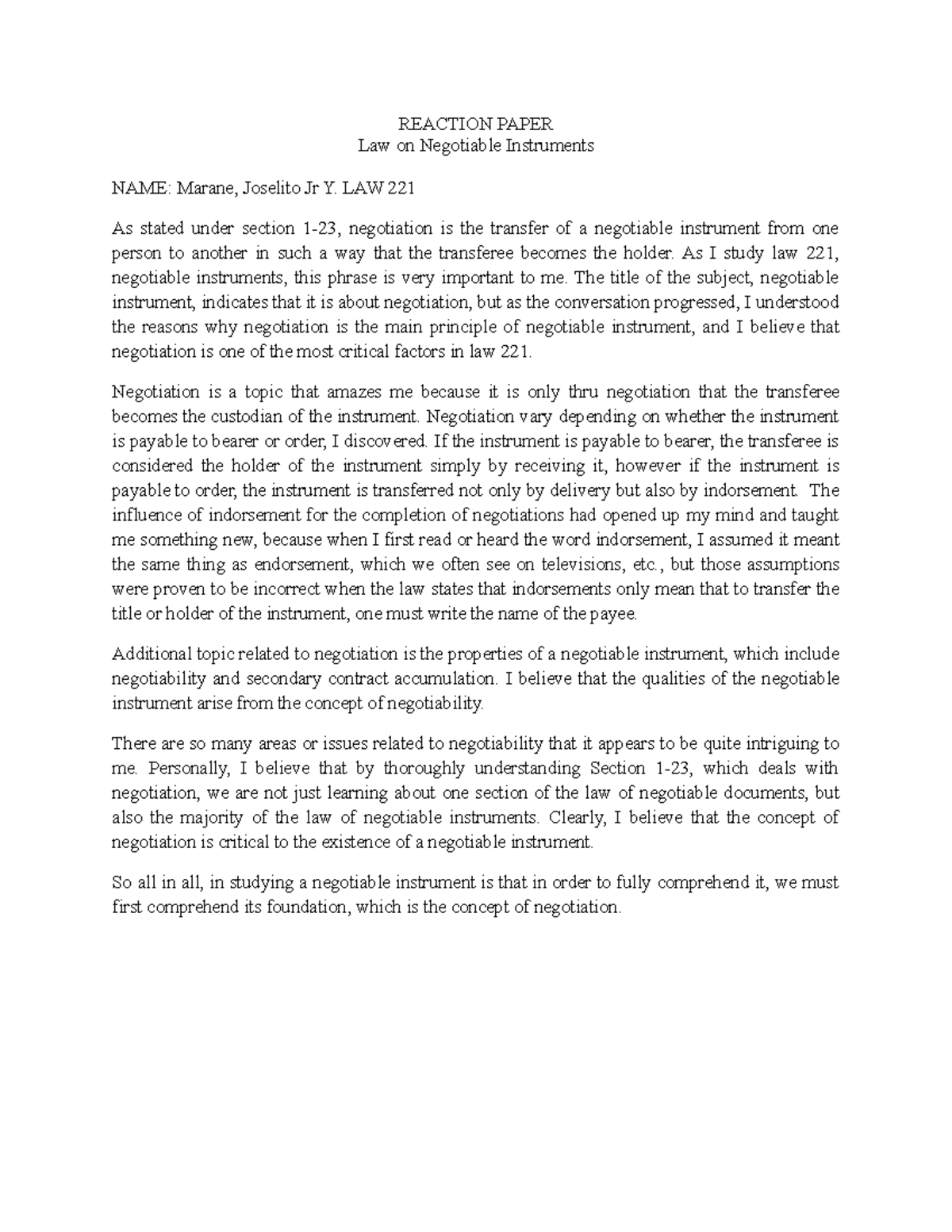 Reaction Paper Law on Negotiable Instruments - REACTION PAPER Law on ...