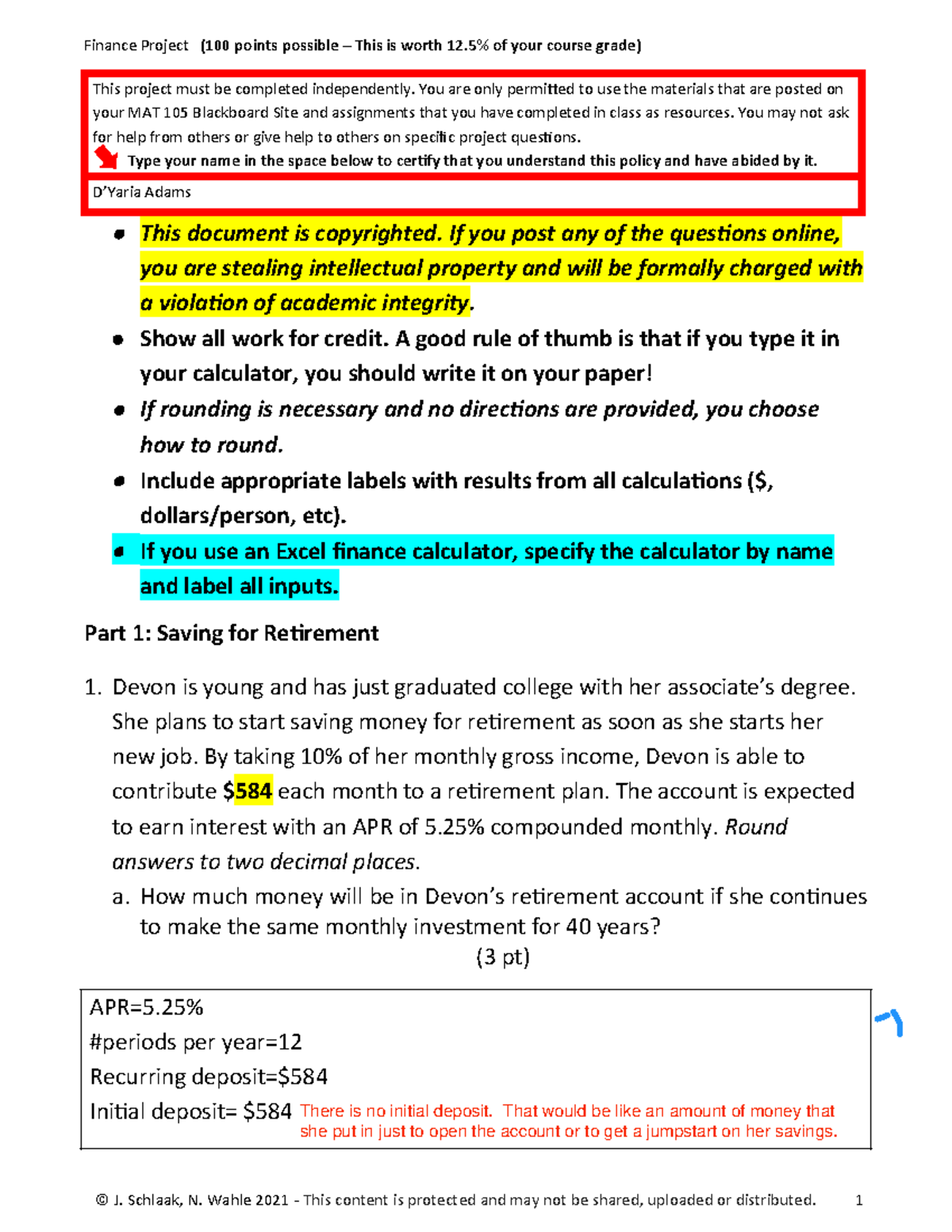 Finance+Project+-+Mike+Walizer+dyaria+ - Finance Project (100 points ...