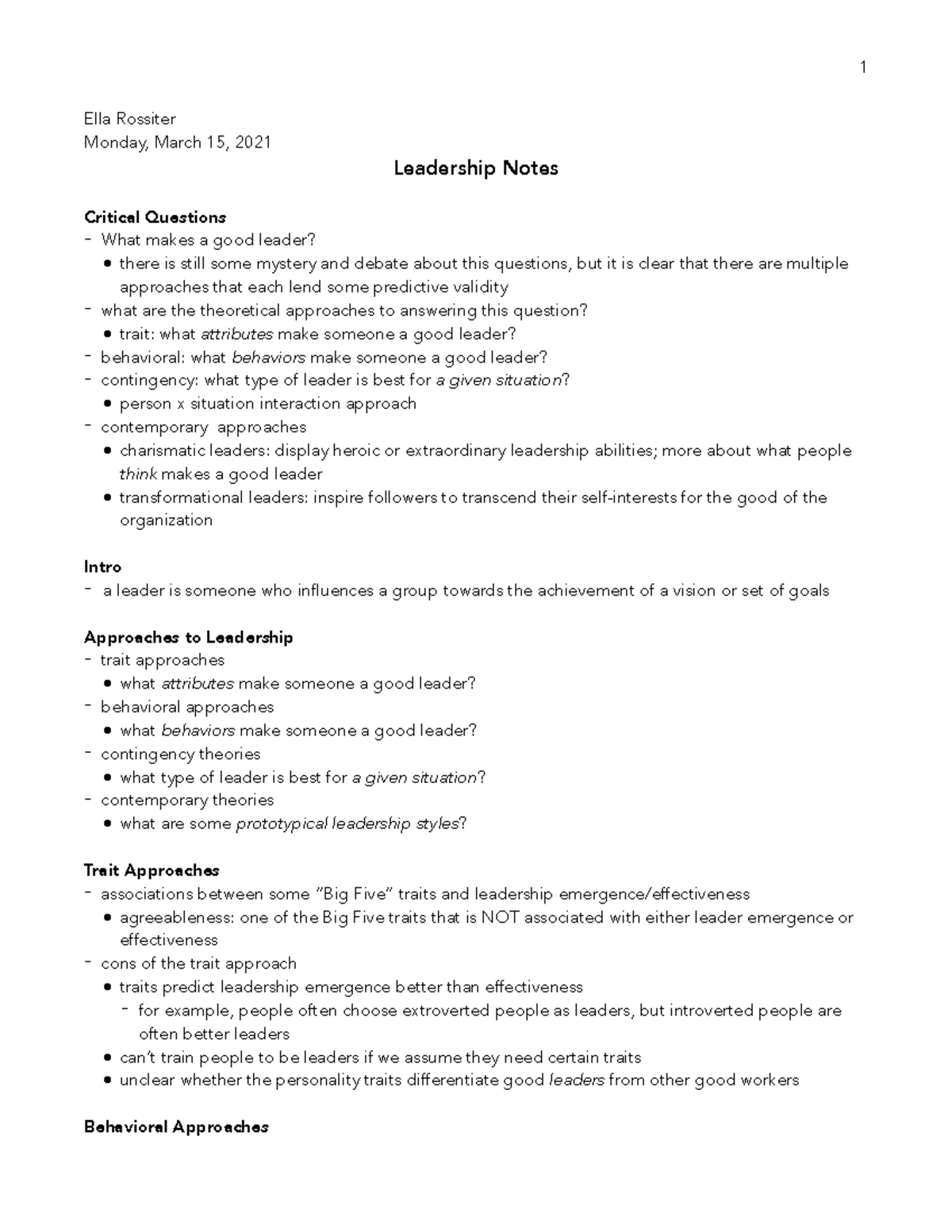 Leadership Notes - Ella Rossiter Monday, March 15, 2021 Leadership ...