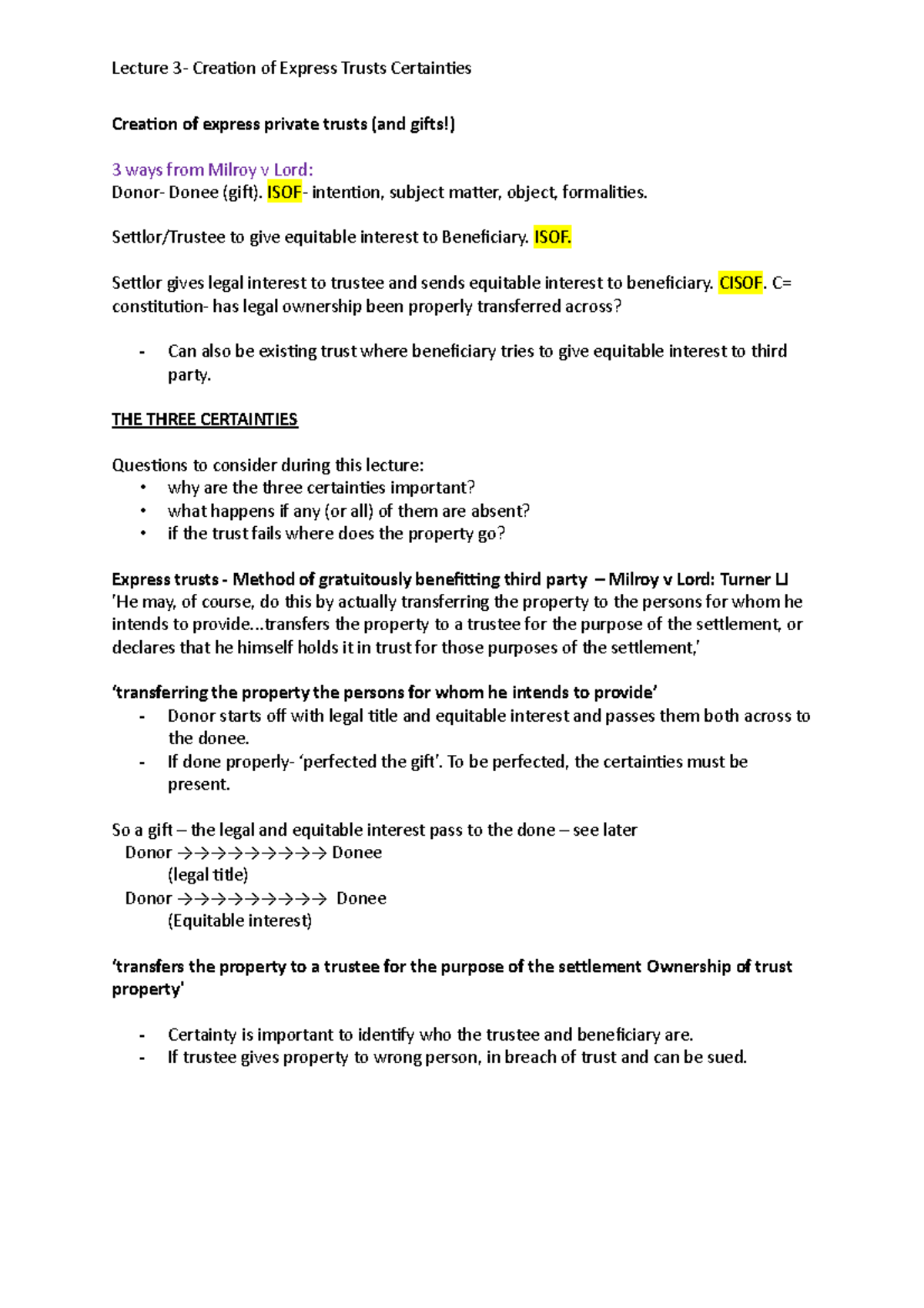 Lecture 3- Creation of Express Trusts Certainties - Creation of express private trusts (and ...