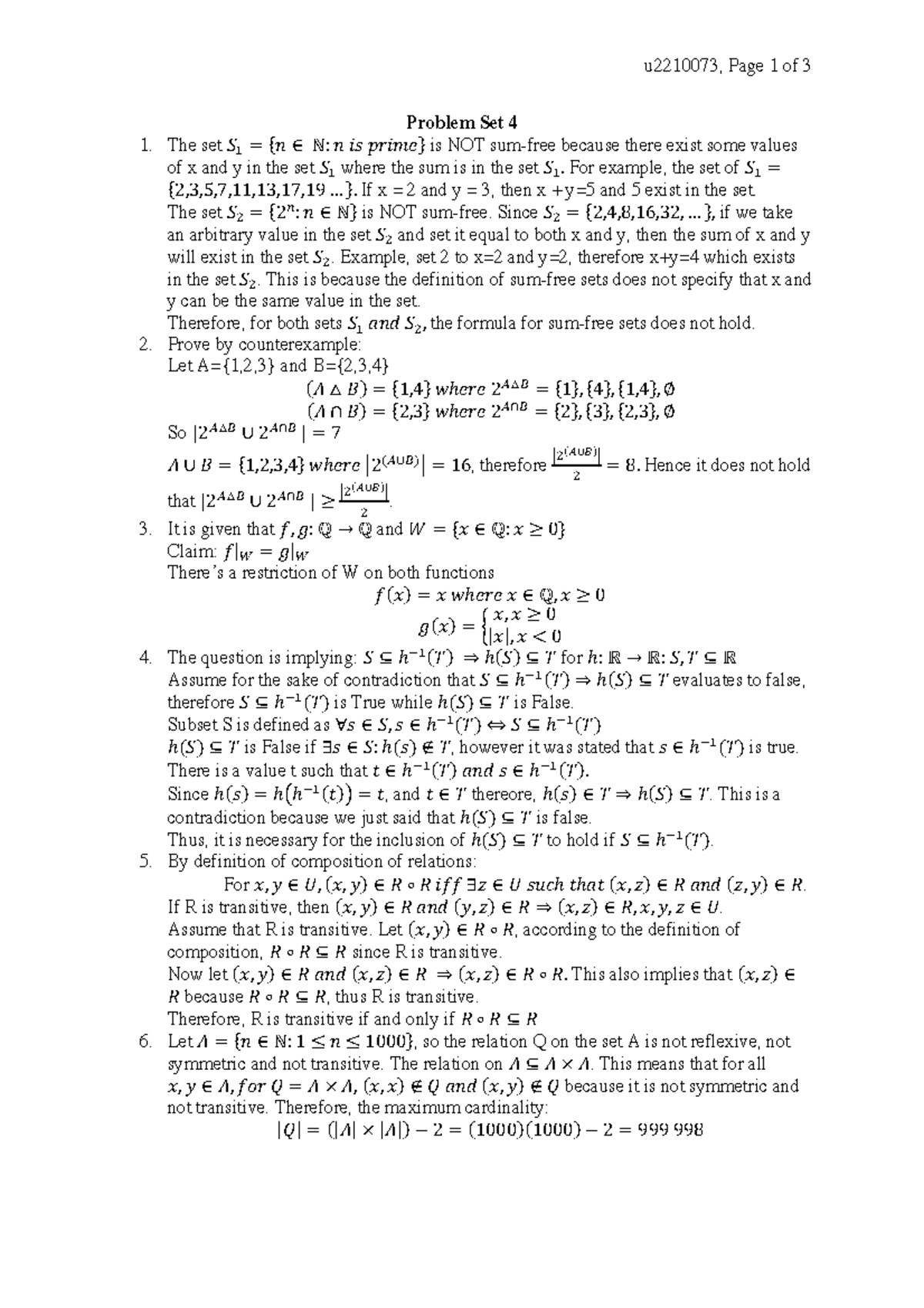 Problem Set 4 - u2210073, Page 1 of 3 Problem Set 4 The set 𝑆 ! = {𝑛 ∈ ...