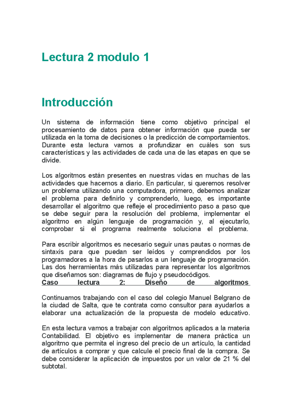 Algoritmos - ....... - Algoritmos Lectura 2 modulo 1 Introducción Un sistema de información ...