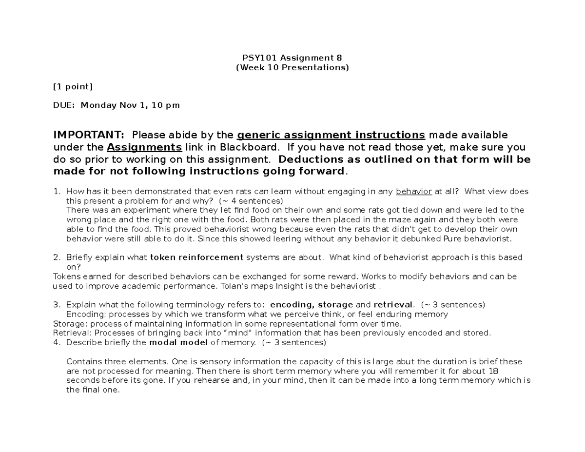 A8-F22 - week 8 assignment - PSY101 Assignment 8 (Week 10 Presentations ...