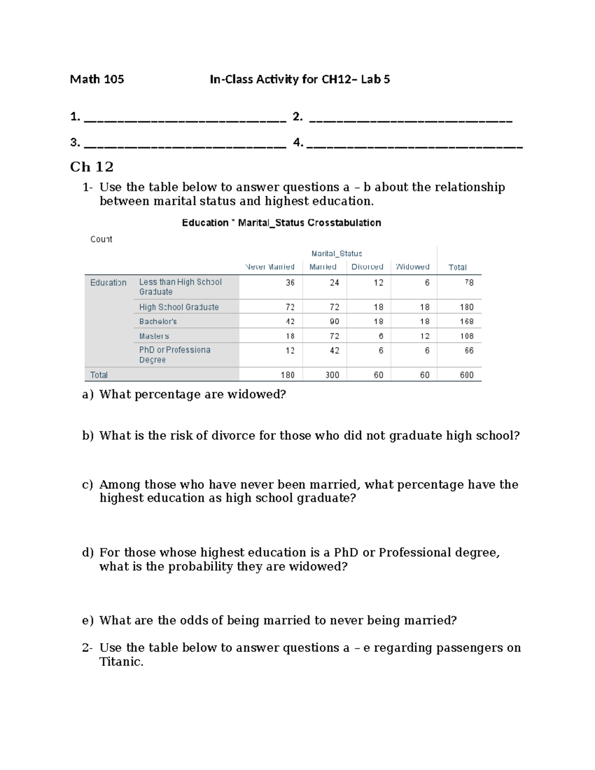 Lab 5 - Chapter 12-1 - Math 105 In-Class Activity for CH12– Lab 5 1