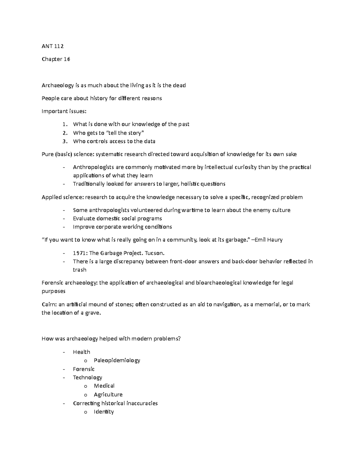 Ch 16 - Lecture note Week 12 - ANT 112 Chapter 16 Archaeology is as ...