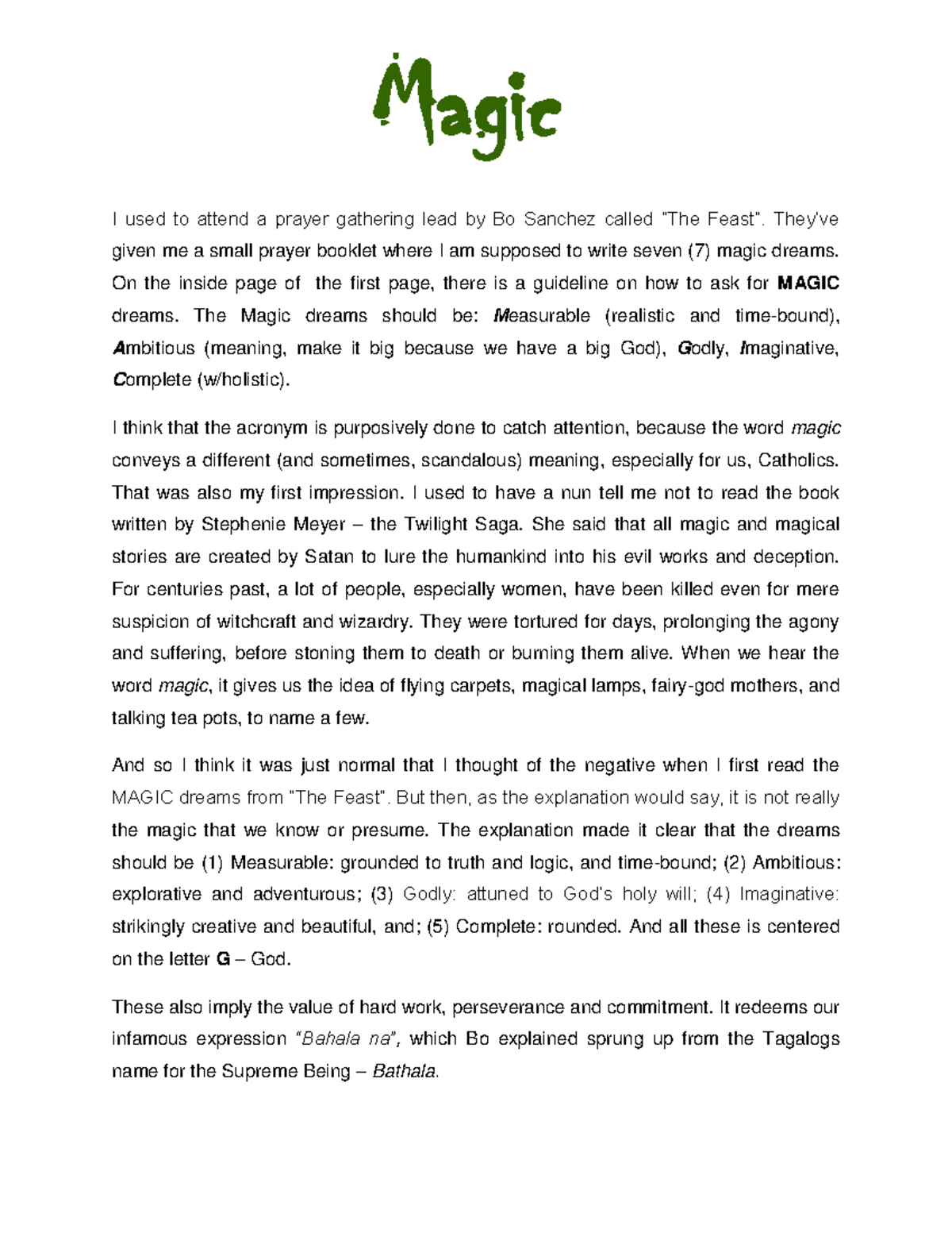 Magic - Reflection - I used to attend a prayer gathering lead by Bo ...