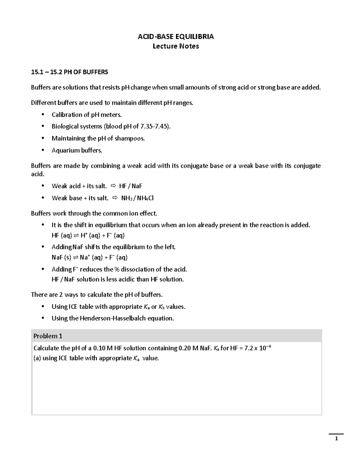 04 Acid-Base Equilibria - ACID-BASE EQUILIBRIA Lecture Notes 15 .1 – 15 ...