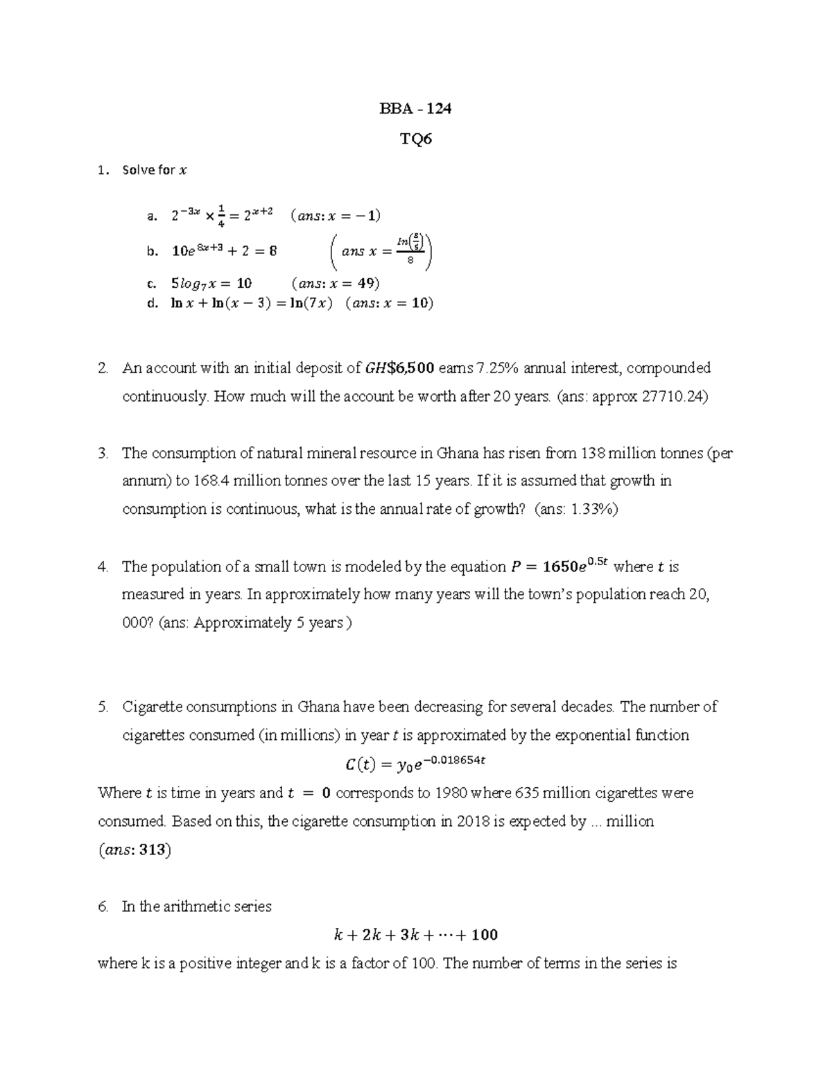 TQ6 - Overview - BBA - 124 TQ Solve for 𝕥 a. 2 𐀀𐀀𐀀×= 2𐀀𐀀 (𝕎𝕛𝕠:𝕥 = −1) b ...