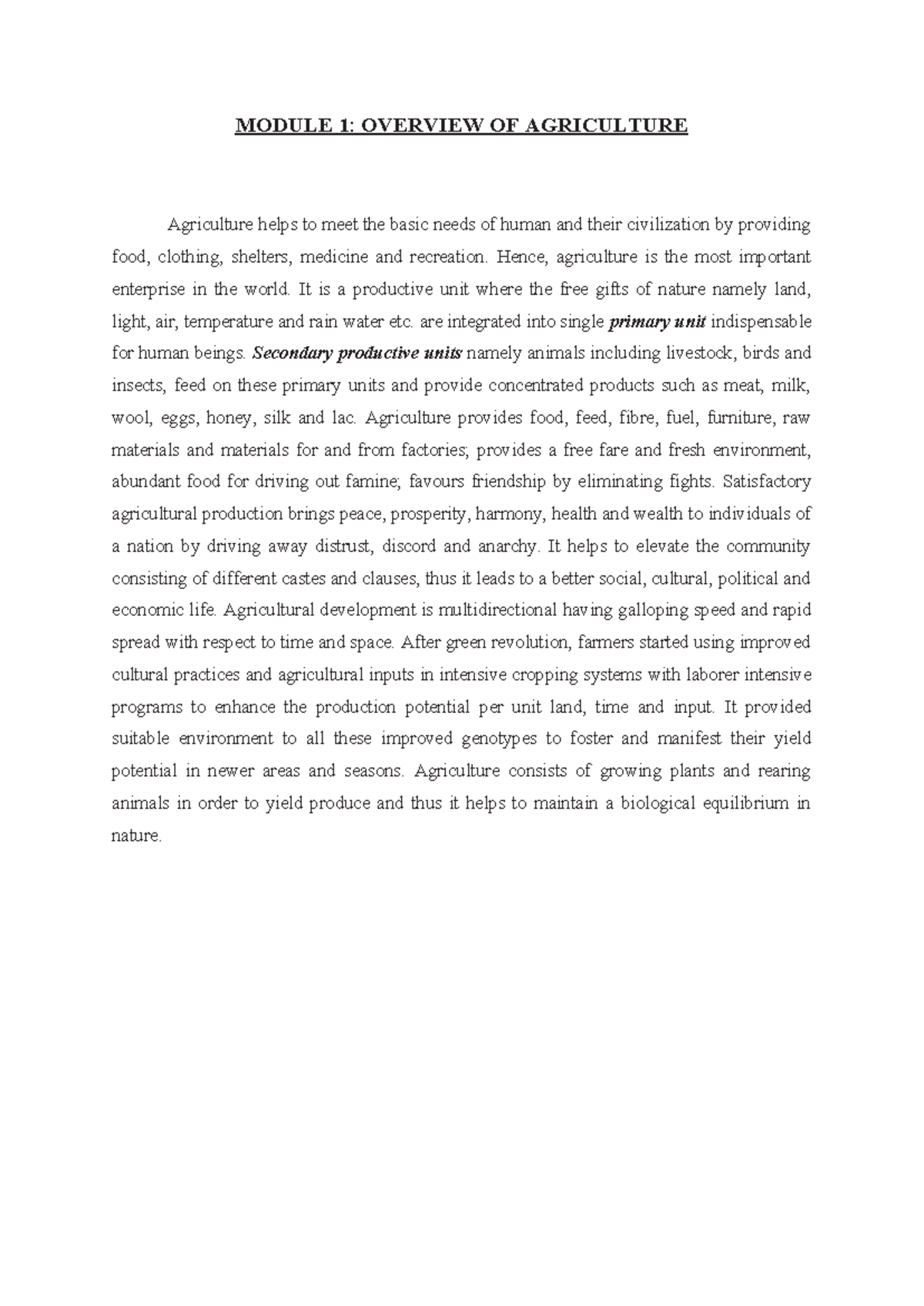 Agric Module 1- Intro to Agriculture - MODULE 1: OVERVIEW OF ...