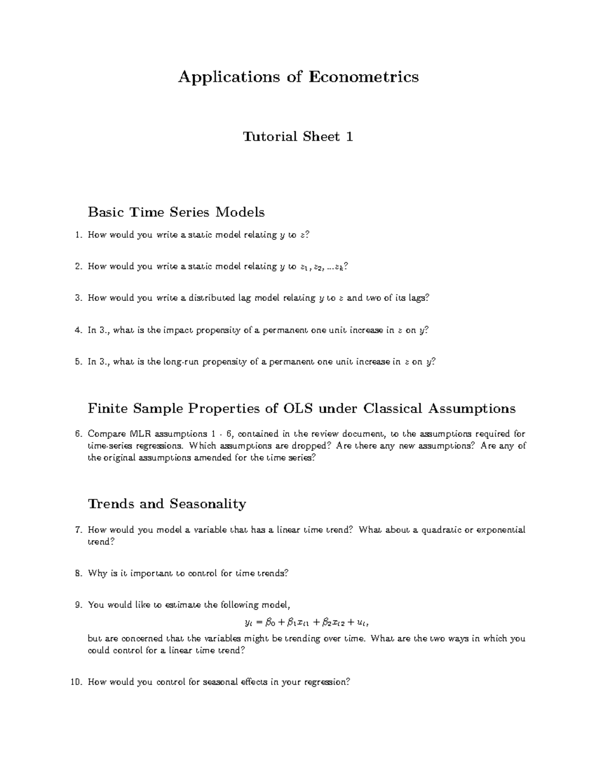 Tutorial 1 - asdfghjk - Applications of Econometrics Tutorial Sheet 1 Basic Time Series Models ...