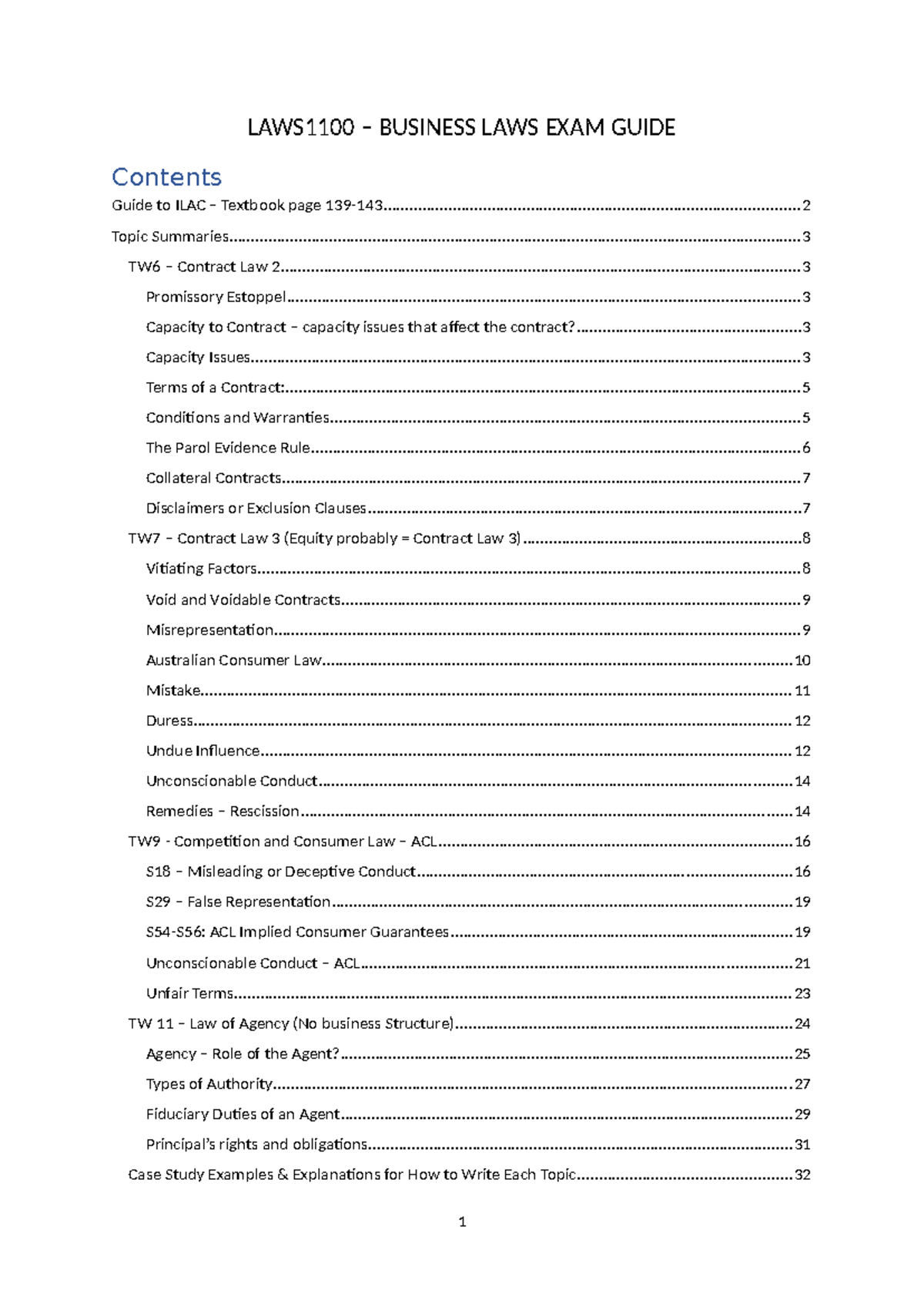 Topic Summarys - Case Studys, etc - LAWS1100 – BUSINESS LAWS EXAM GUIDE ...