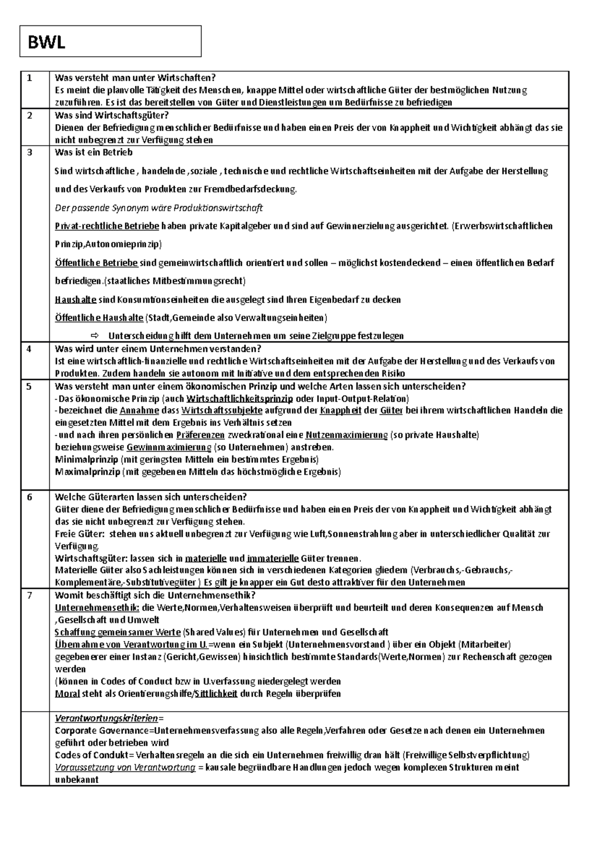BWL Fragenliste - BWL Frageliste - Grundlagen BWL - H-BRS - Studocu