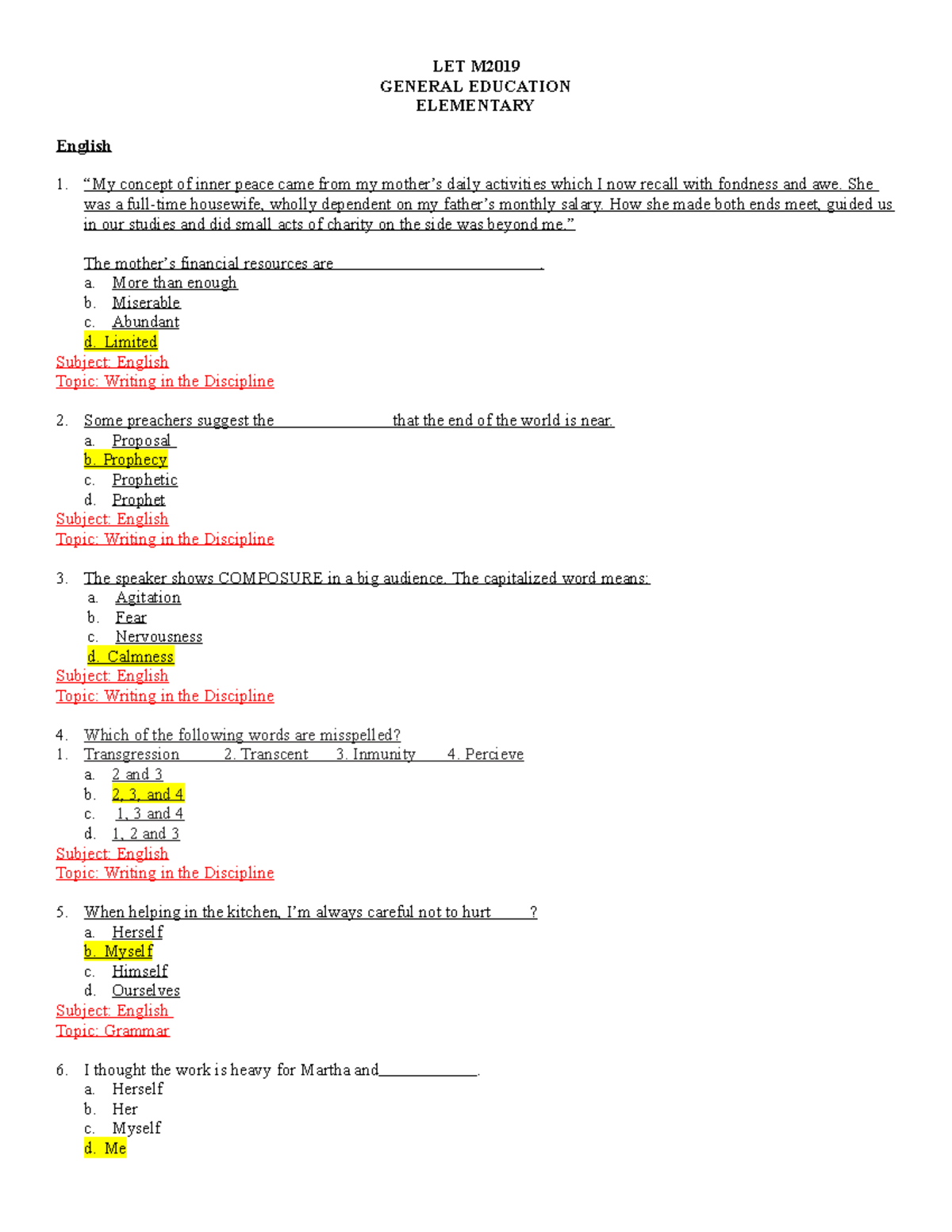 General Education Drills - LET M GENERAL EDUCATION ELEMENTARY English ...