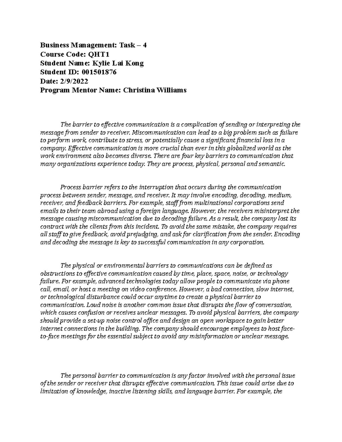 Business management QHT1 Task 4 - Business Management: Task – 4 Course ...