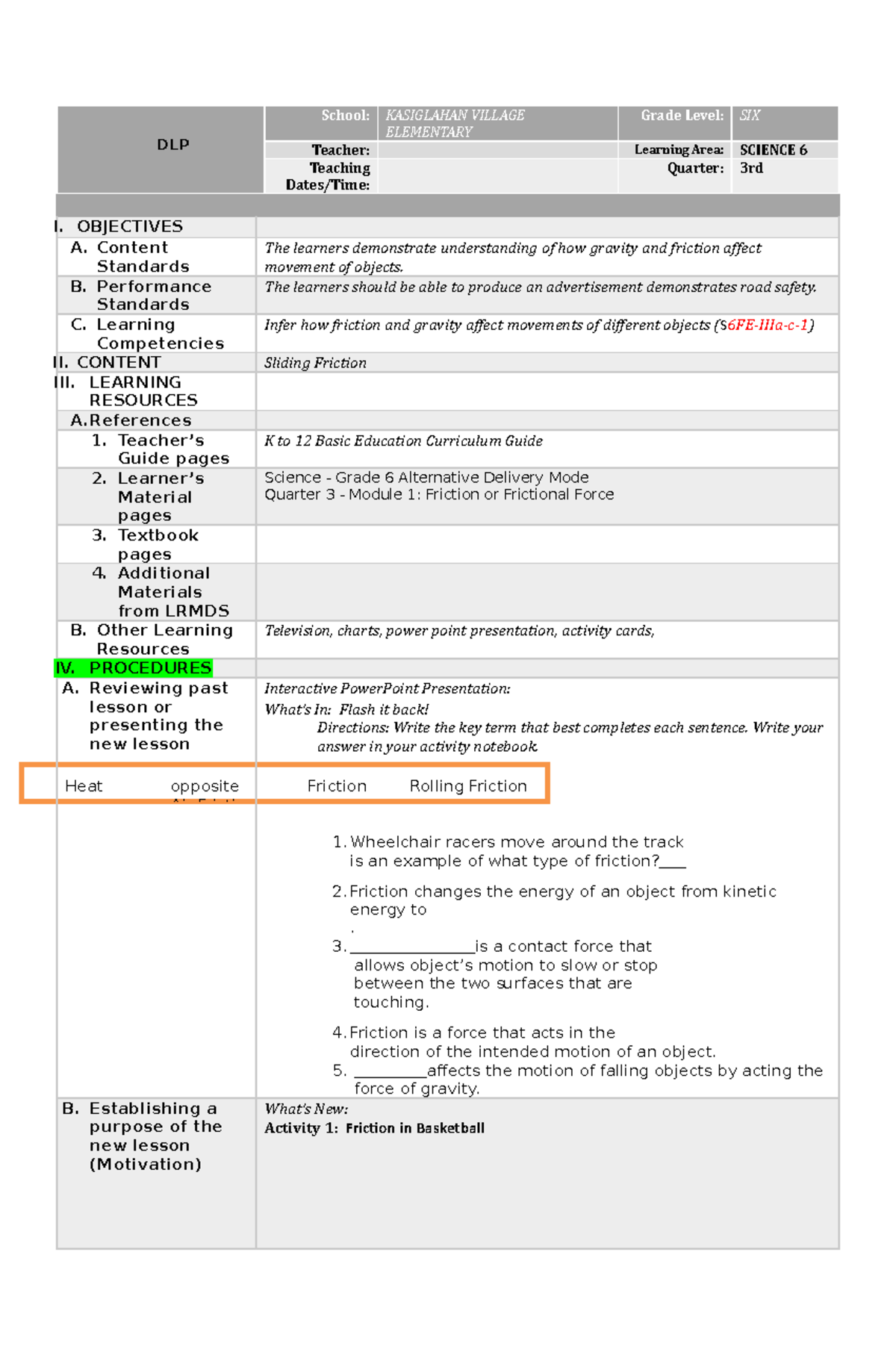 Q3 DLP Lesson 4 Sliding Friction - DLP School: KASIGLAHAN VILLAGE ...