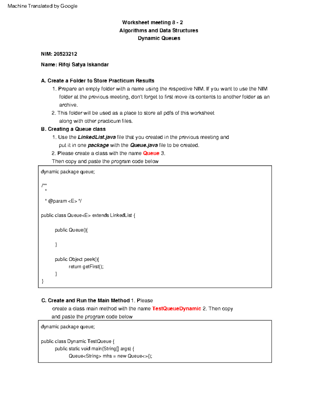 Worksheet Pertemuan 8.2 - Queue (Dinamis) - NIM: 20523212 along with ...