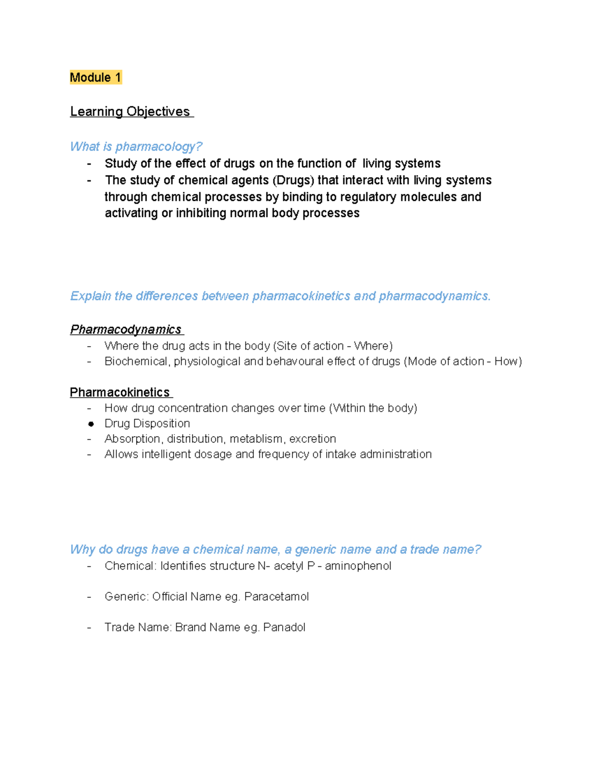 Pharmacology Lecture Notes - Module 1 Learning Objectives What is ...