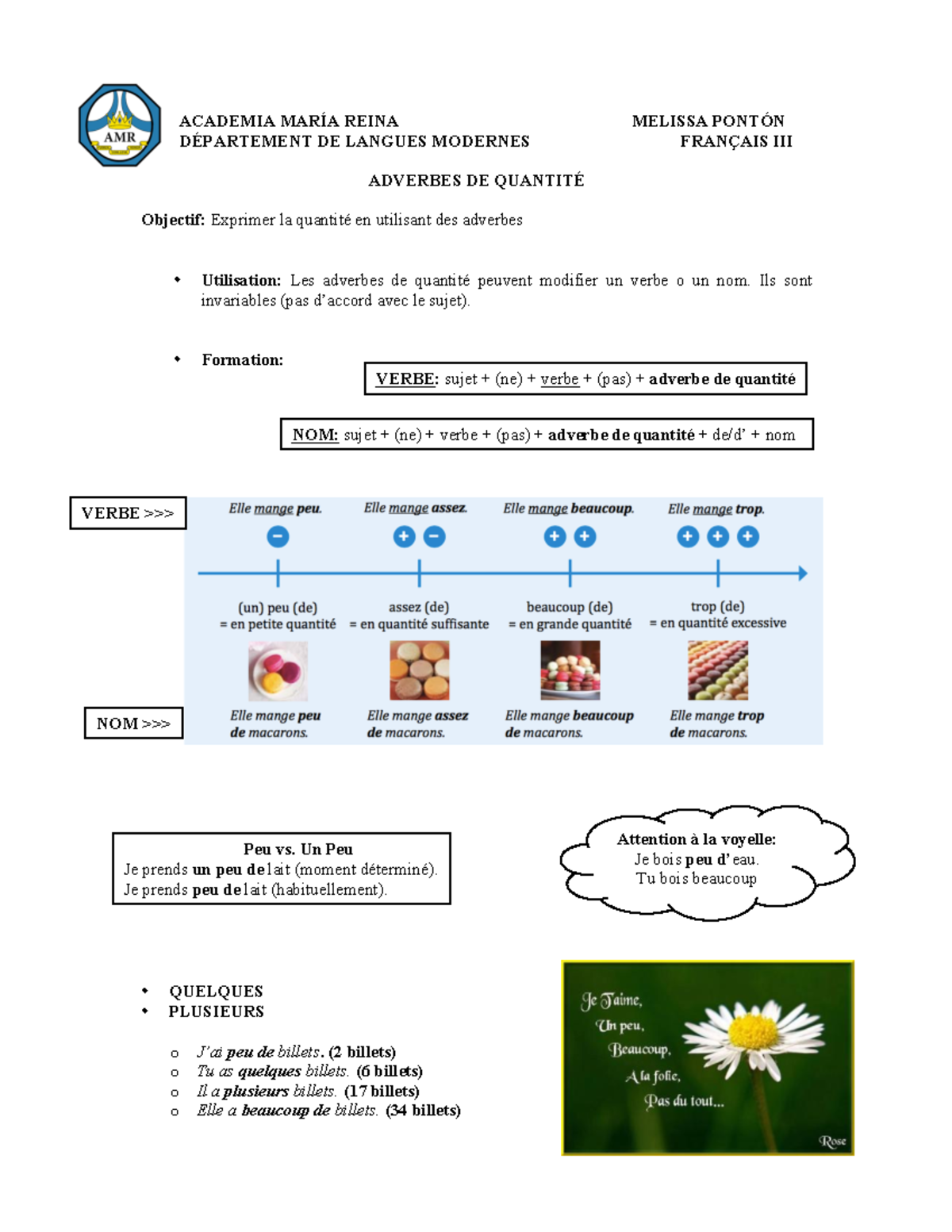 A2 Lec 3 Fiche Quantité PDF - ACADEMIA MARÍA REINA MELISSA PONTÓN ...