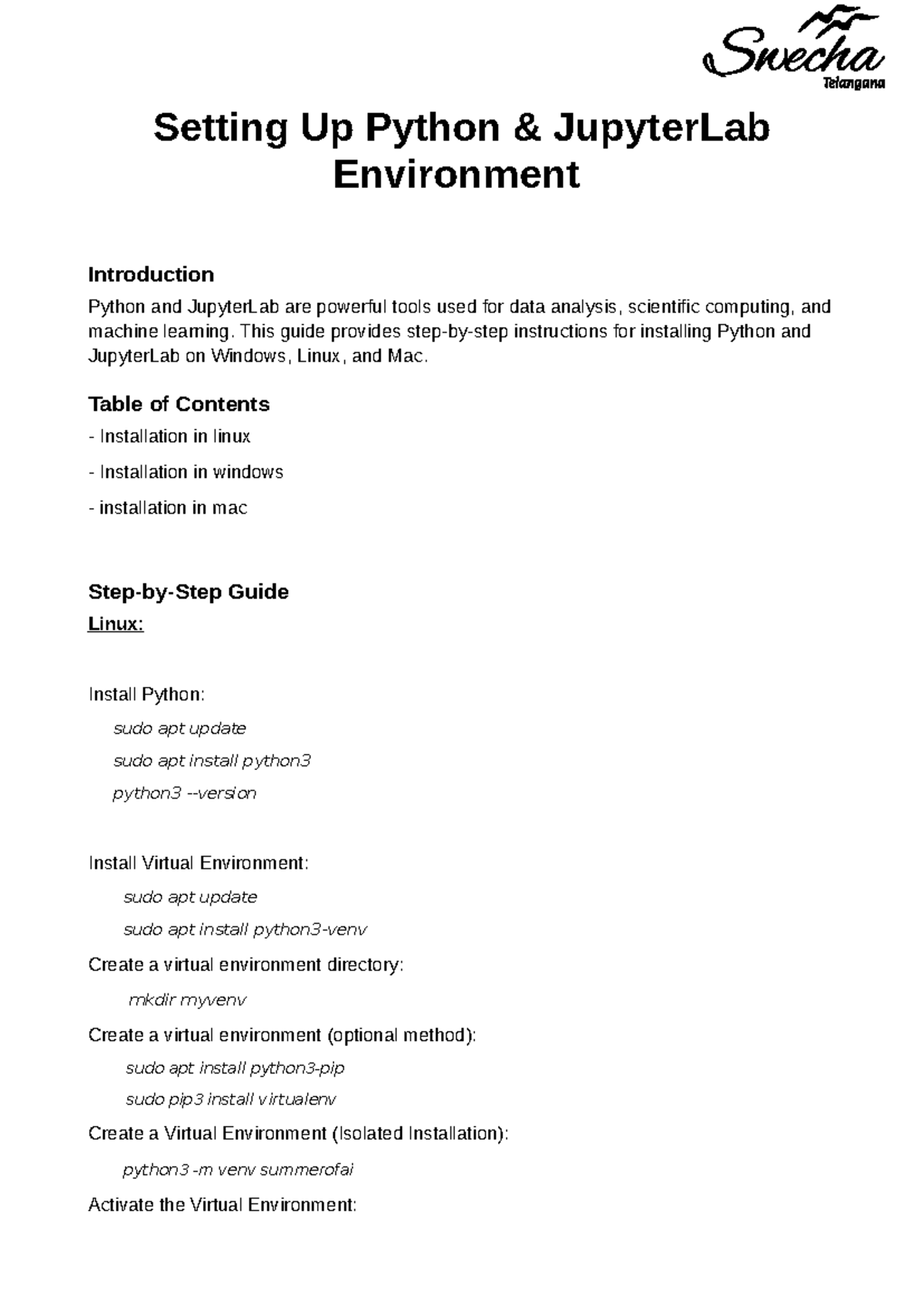 Python installation - Setting Up Python & JupyterLab Environment Introduction Python and - Studocu