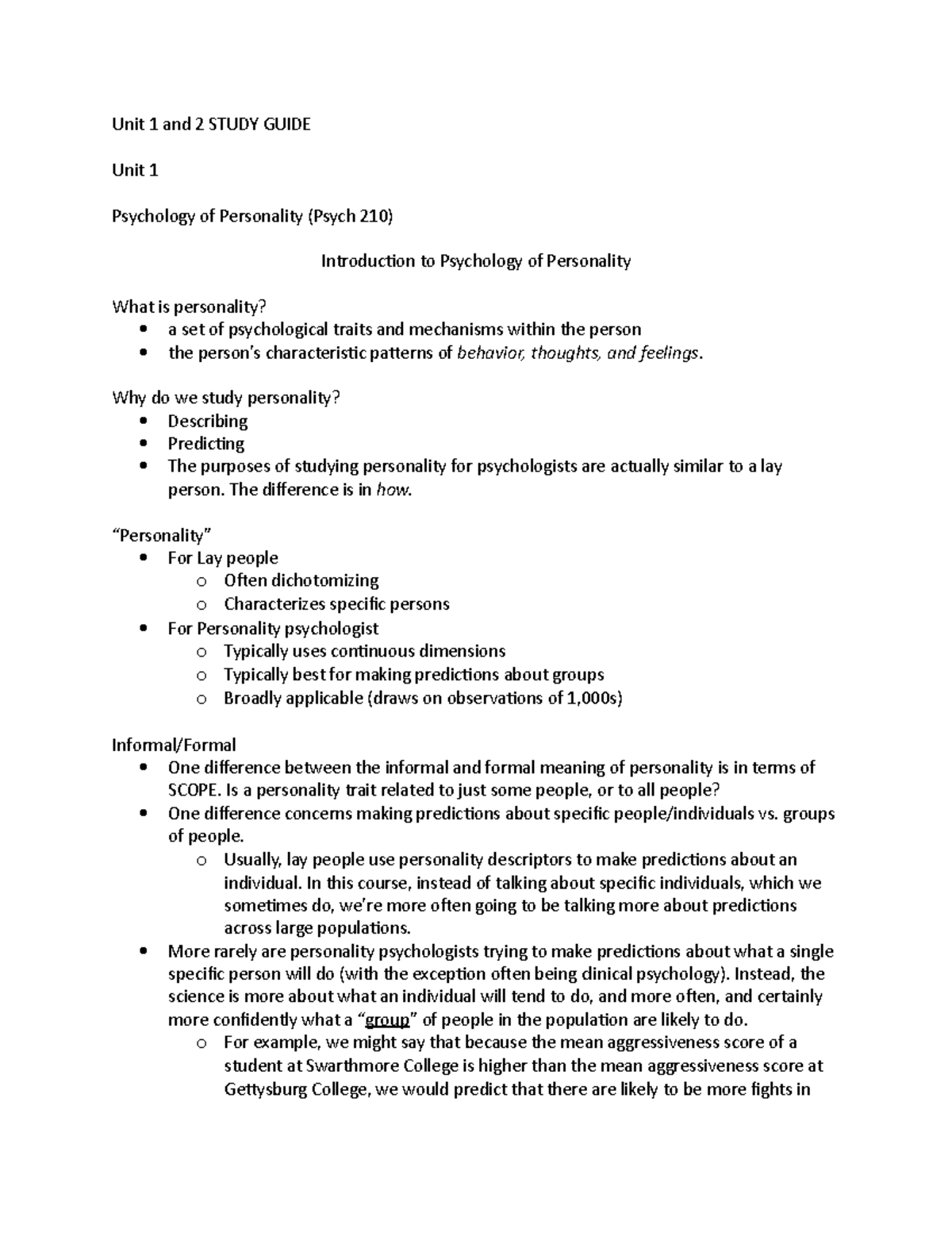 210 Unit 1 and 2 Study Guide - Unit 1 and 2 STUDY GUIDE Unit 1 ...