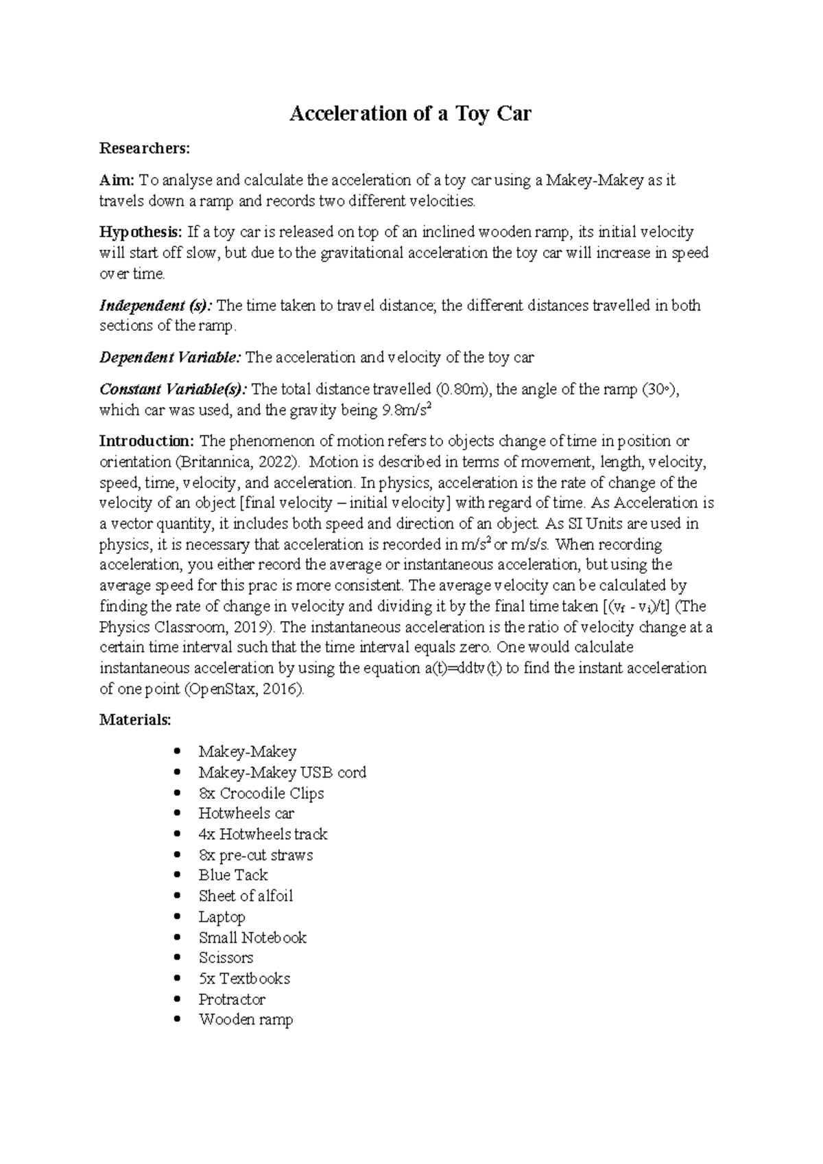 Acceleration of a Toy Car - Acceleration of a Toy Car Researchers: Aim ...