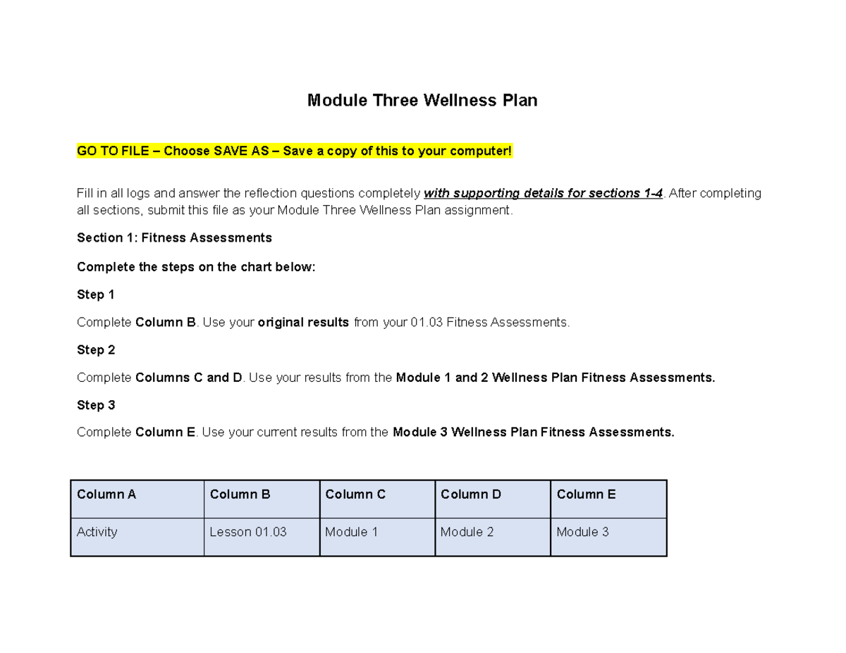 Module three wellness plan - Module Three Wellness Plan GO TO FILE ...