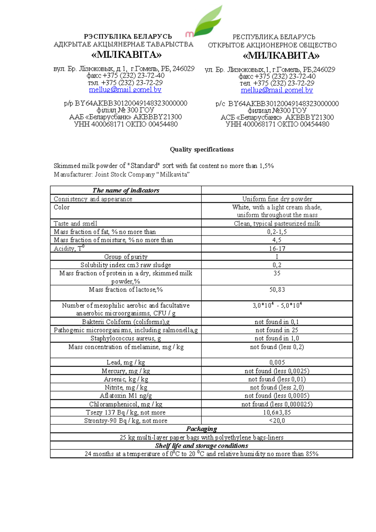 Milkavita Prodcut Specs SMP MH - Quality specifications Skimmed milk ...