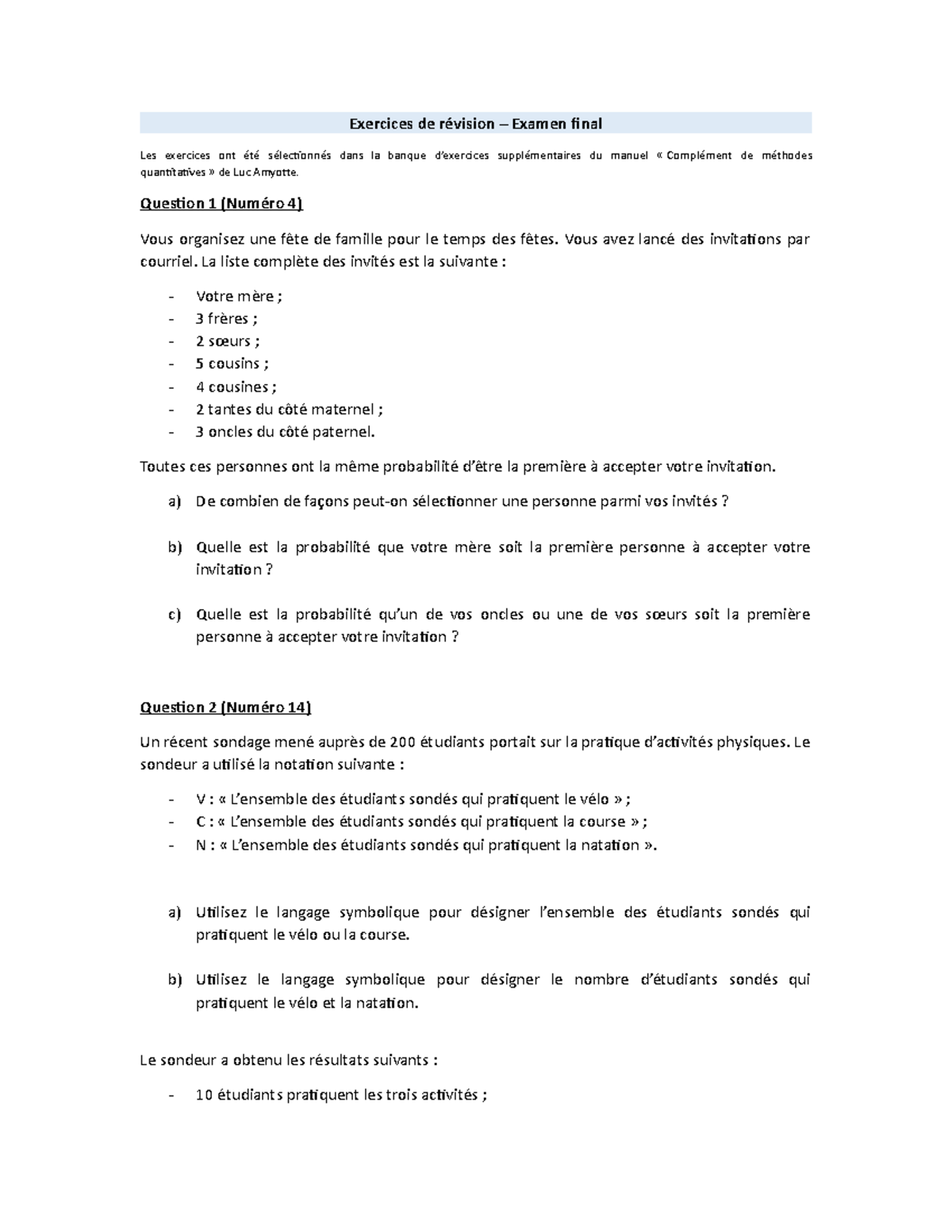 Revision examen final - Révision - Exercices de révision – Examen final ...