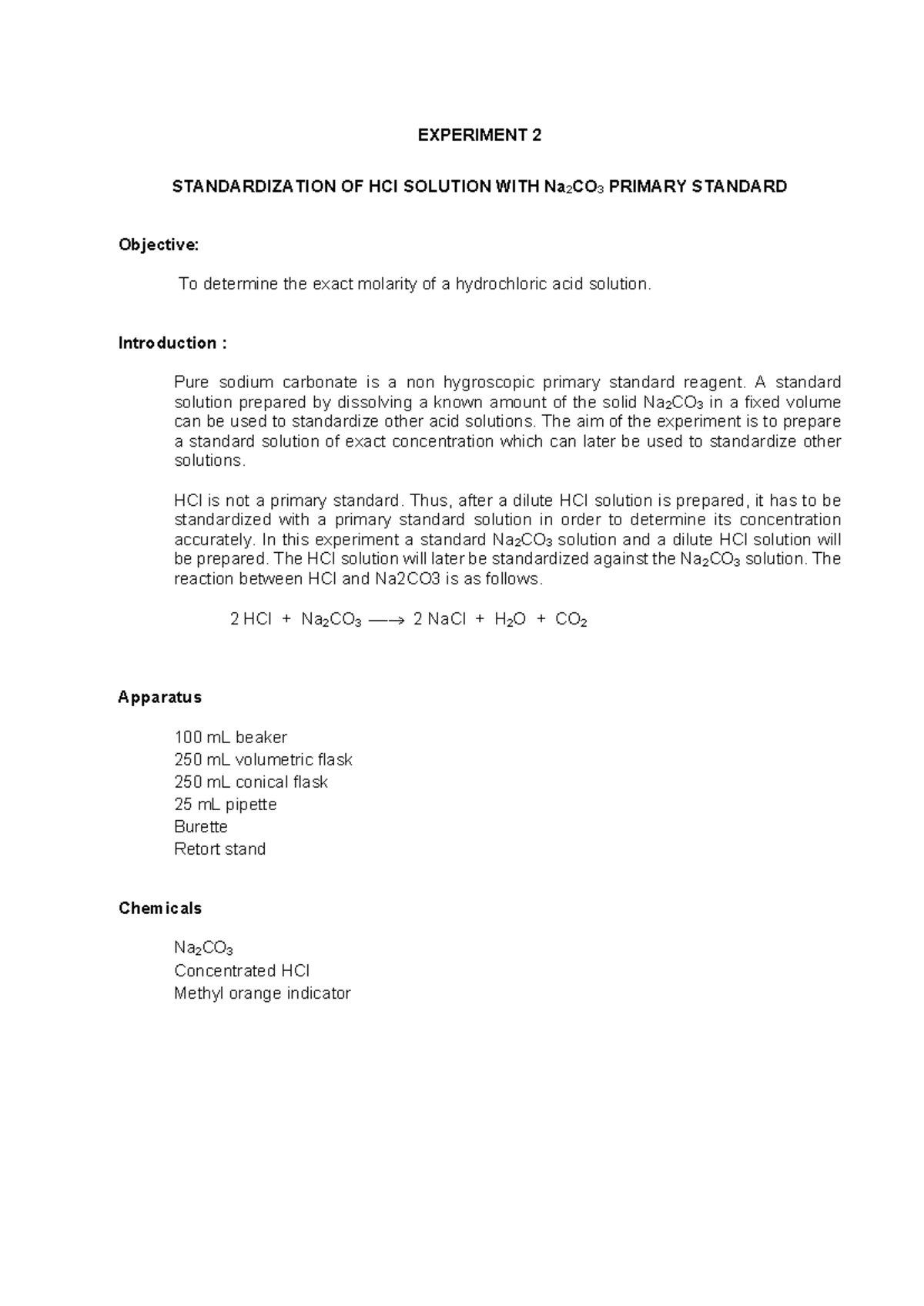 WEEK 9 EXP 2 LAB Manual + Report Sheet - EXPERIMENT 2 STANDARDIZATION OF HCl SOLUTION WITH Na 2 ...