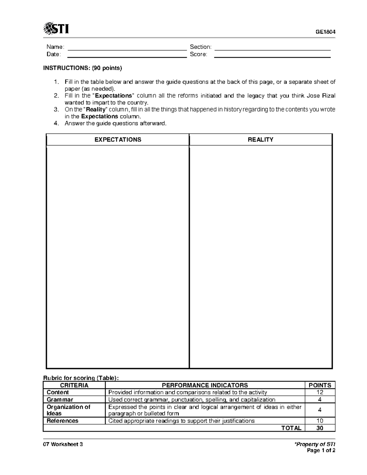 07 Worksheet 3 - N/A - GE 07 Worksheet 3 *Property of STI Page 1 of 2 ...