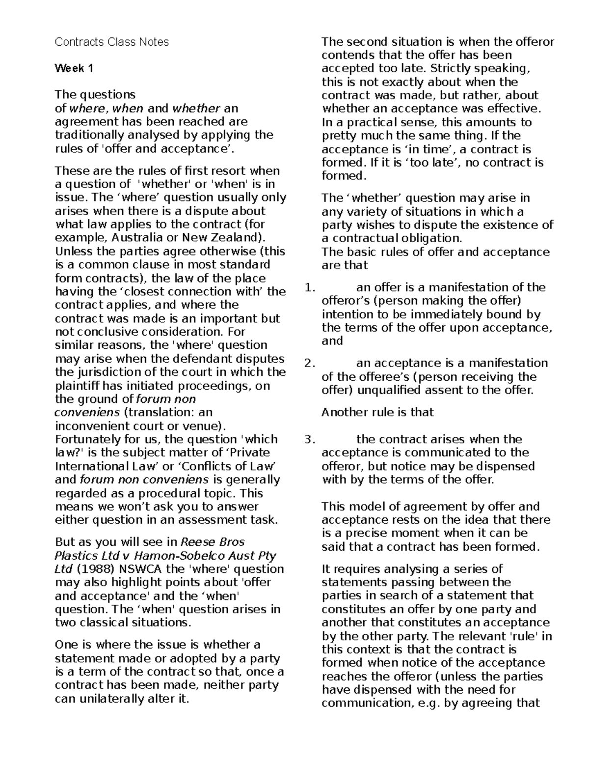 Contracts Week 2 Class Notes Contracts Class Notes Week 1 The Questions Of Where When And