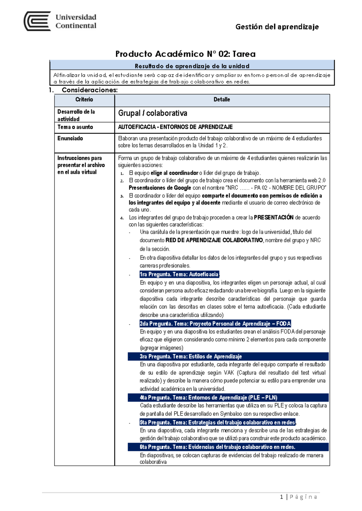 Enunciado PA2 - Gestión del aprendizaje 1 | P á g i n a Producto Académico N° 02: Tarea ...