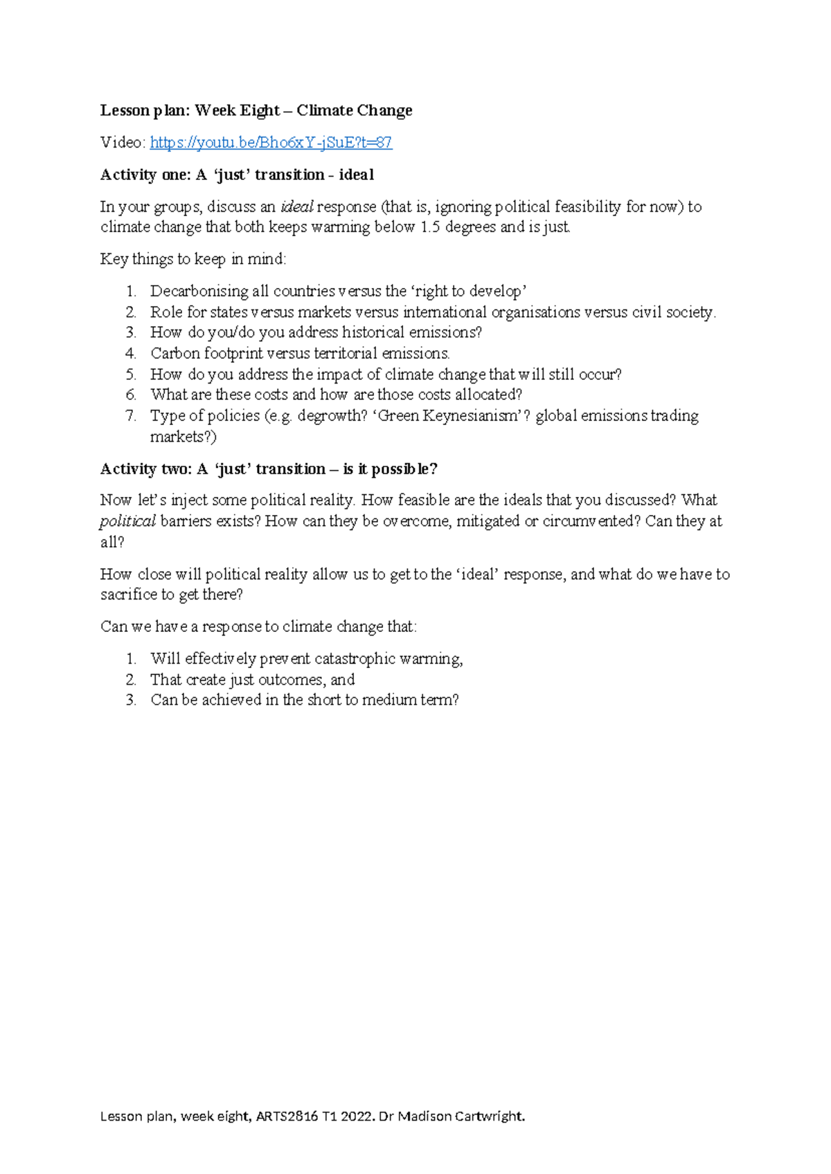 Lesson plan Week 8 Climate Change - Lesson plan: Week Eight – Climate ...