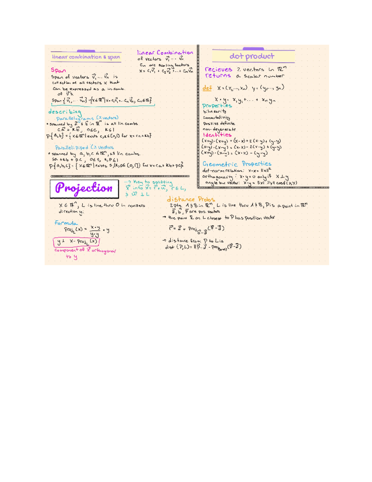 Linear Combination/span/dot product/projection - Math102 - Studocu