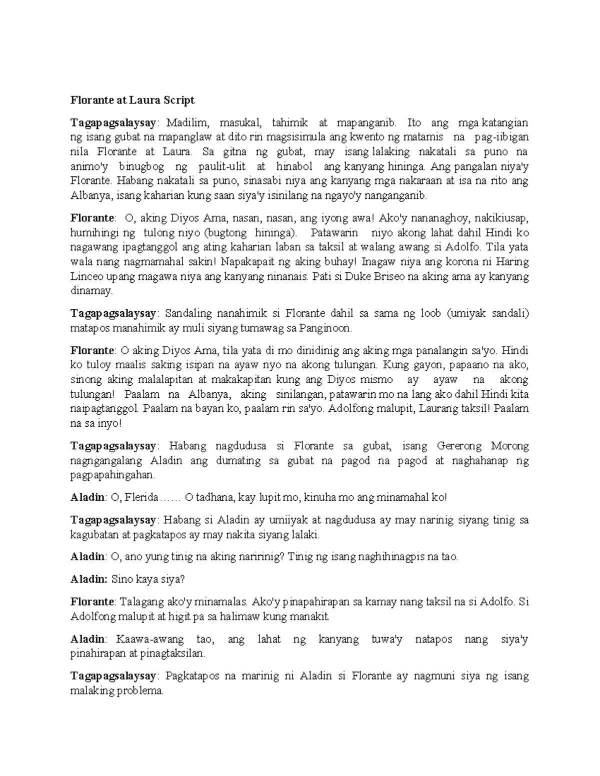 Florante at Laura Script - Florante at Laura Script Tagapagsalaysay ...